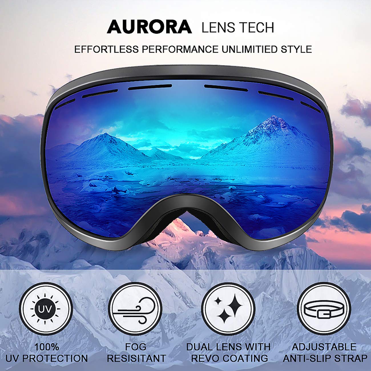 JULI Ski Goggles, Skiing Skating Snowboarding Goggles with Anti-Fog UV Protection M3(Black Frame/7.9% VLT Blue Len)