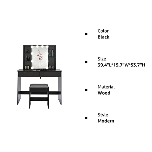 Makeup Vanity Desk with Sliding Lighted Mirror for Christmas Day, Makeup Table Vanity Desk with 2 Large Drawers, 3 Color Lighting Modes, Brightness Adjustable, Vanity Table for Women Girls, Black