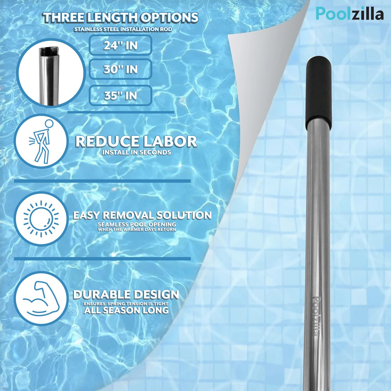 Poolzilla 24" Stainless Steel Installation Rod for Brass Anchors, Easily Install and Remove Spring for Pool Opening and Closing