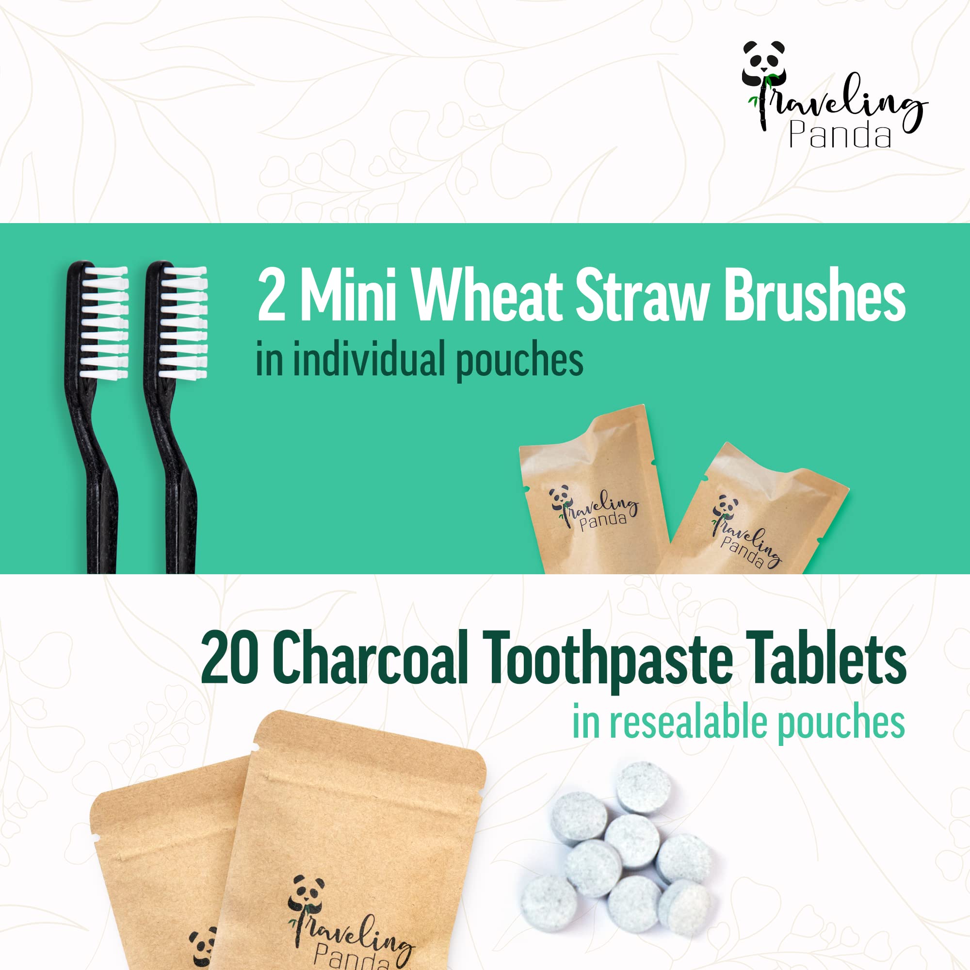Traveling Panda Wheat Straw Toothbrushes, Soft Bristles Toothbrush with Toothpaste Built in, Travel Toothbrush Kit, Includes Brushes and Mint Toothpaste Tablets, 2 Mini Brushes, 20 Tabs