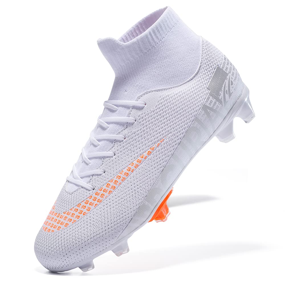 Men's Soccer Shoes Professional Spikes Hightop Football Boots Youth Competition/Training/Athletic Sneaker (White, us_Footwear_Size_System, Adult, Men, Numeric, Medium, Numeric_9_Point_5)