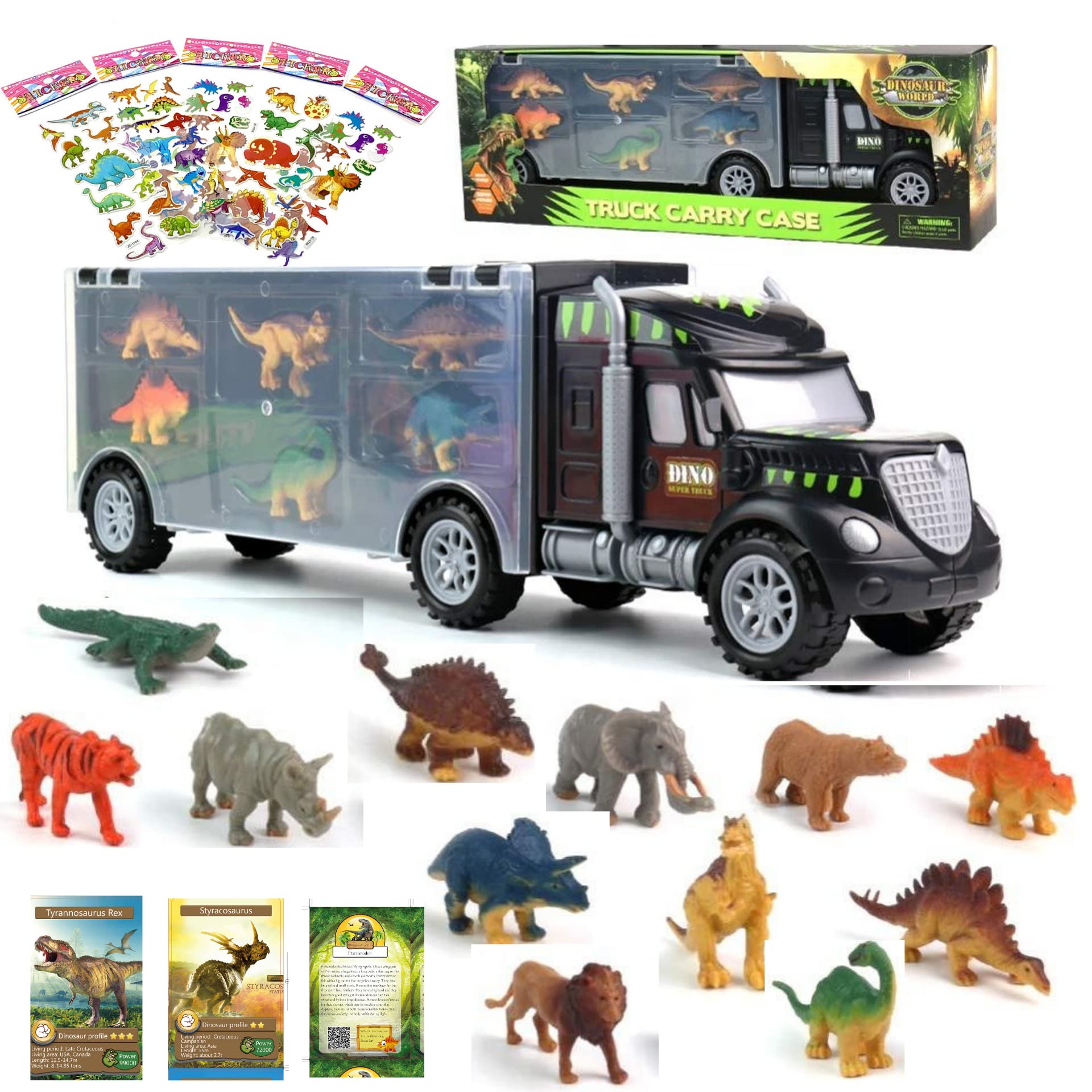 KIDS REPUBLIC, Official Dinosaur Truck Carrier – 6 Toy Dinosaurs Play set -– 6 Wild Animals -Dinosaur Stickers Dinosaur Toys Set for Toddler – Monster Trucks for Boys for 3, 4, 5, 6, 7 Years Old