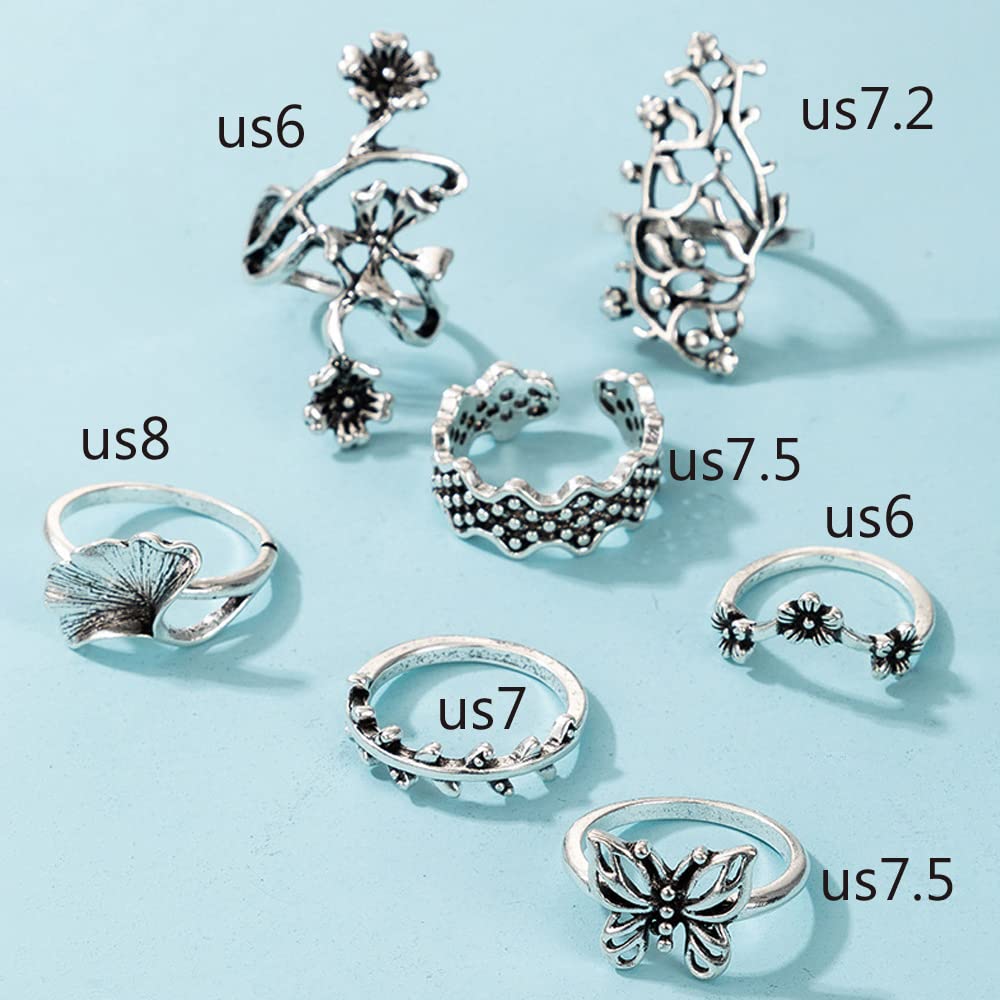 Octwine 7Pcs Silver Bohemian Statement Knuckle Rings Flower Carved Stackable Rings Stacking Ring Jewelry for Women and Girls