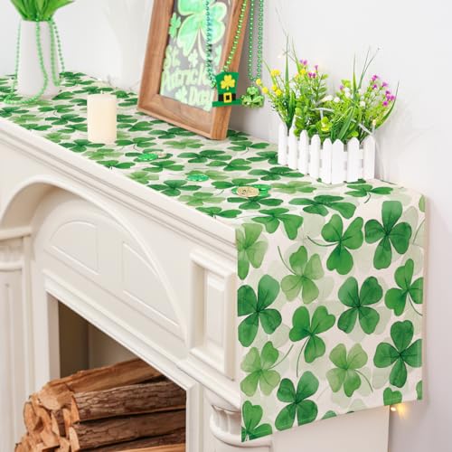 Siilues St Patricks Day Table Runner, Lucky St Patricks Day Decor Green Shamrock Seasonal Spring Holiday Table Decorations for Indoor Outdoor Dining Table Decor (13'' x 72'')