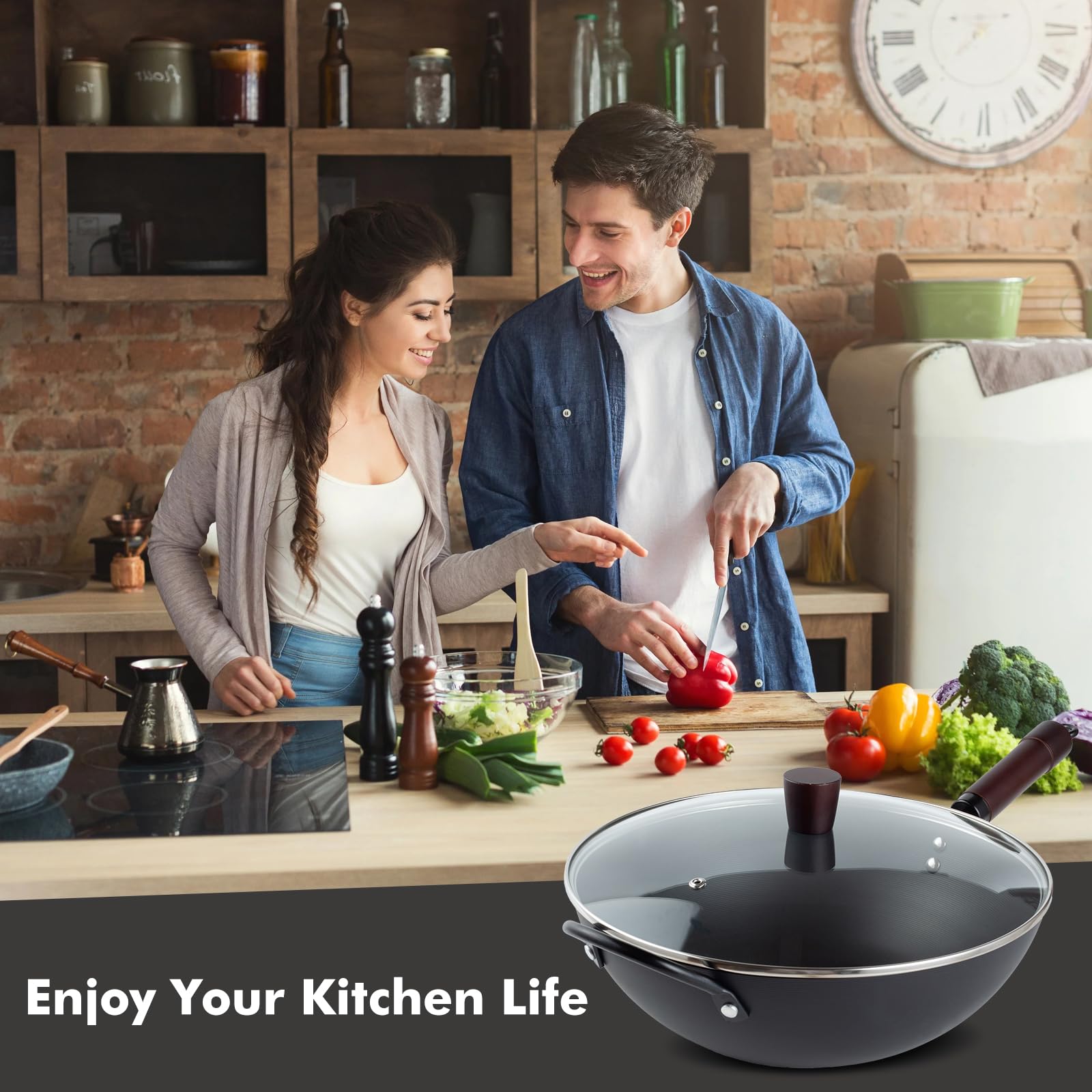 Vegoran Carbon Steel Wok Pan,12.5" Non-Stick Woks & Stir-Fry Pans with Glass Lid,No Chemical Coated Flat Bottom Iron Wok for Induction,Electric,Gas,Halogen,All Stoves-Practical Gift (12.5")