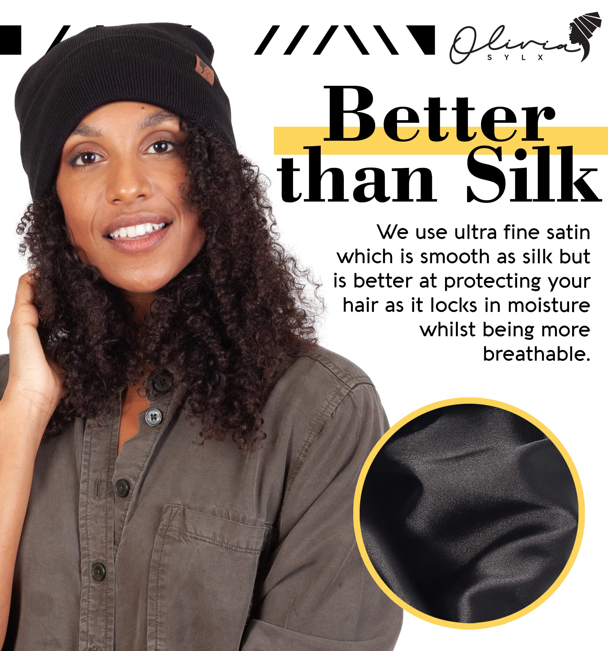 Olivia Sylx Cuffed Satin Lined Beanie for Women - Satin Lined Winter Hat - Beanie with Satin Lining - Satin Lined Hats Black