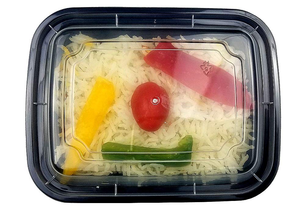 PACTOGO 12 oz. Rectangular Microwaveable Black Plastic Disposable Food Storage Container with Lids - BPA Free (Pack of 25 Sets)
