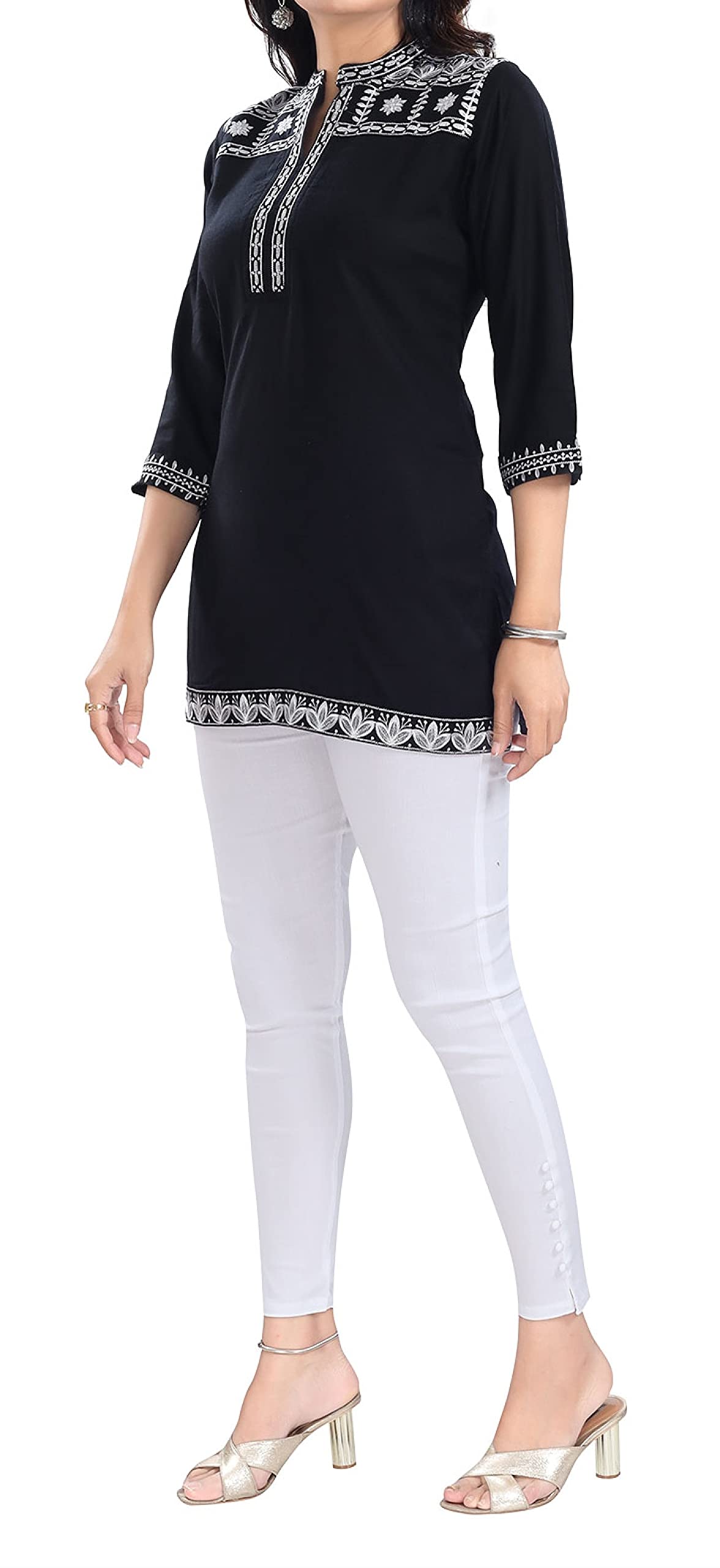 IshDeena Indian Kurtis for Women Indian Style Printed Embroidered Tunics Womens Tops Kurta (Extra Large, Black - 0622S1ID1)