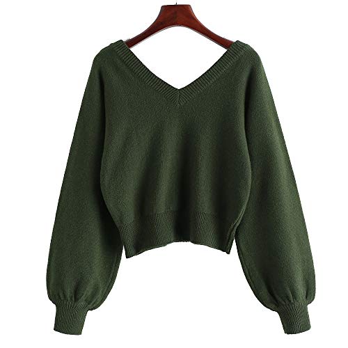 ZAFUL Women's Cropped Sweater V-Neck Long Sleeve Crop Sweater Pullover Jumper Knit Top (1-Green, XL)