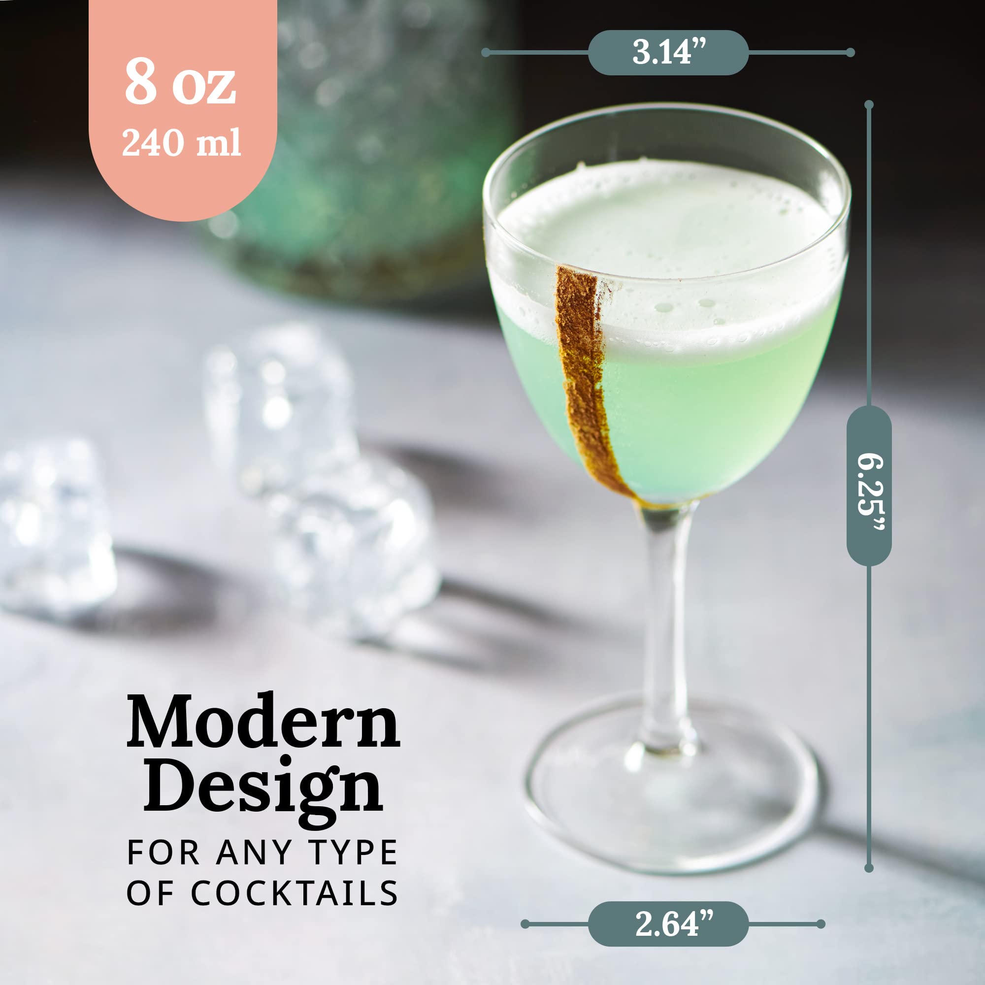 Nick and Nora Cocktail Glasses β Coupe Glasses Set of 4, Large Martini Glasses β Hand-Blown Lead-Free Crystal Glasses for for Any Drink (8.1 oz)