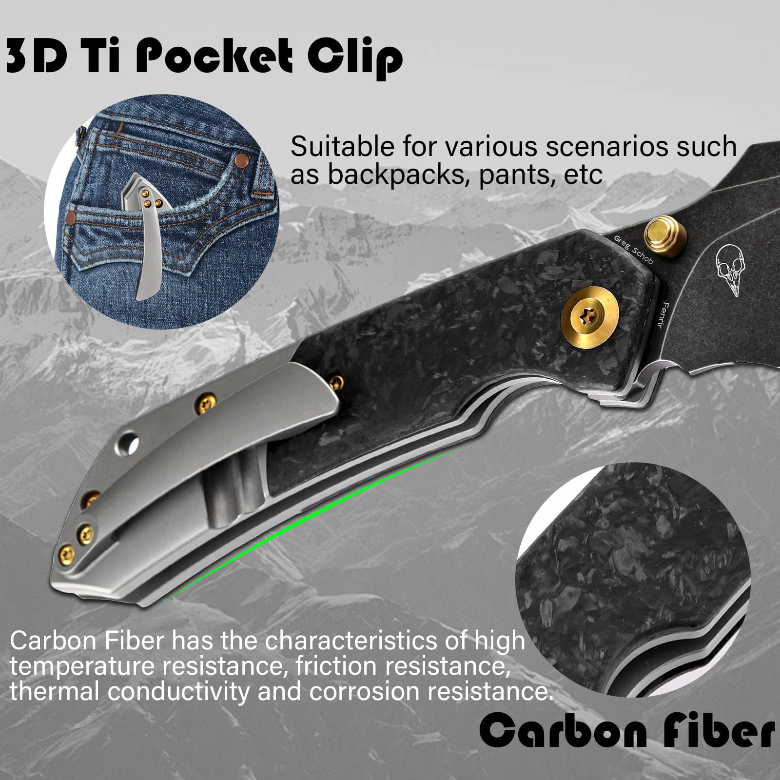 KANSEPT Fenrir Pocket Folding Knives for Men Women EDC Camping Folding Knives 3.48'' CPM-S35VN Blade with Shred Carbon Fiber Titanium Handle Everyday Carry K1034A1