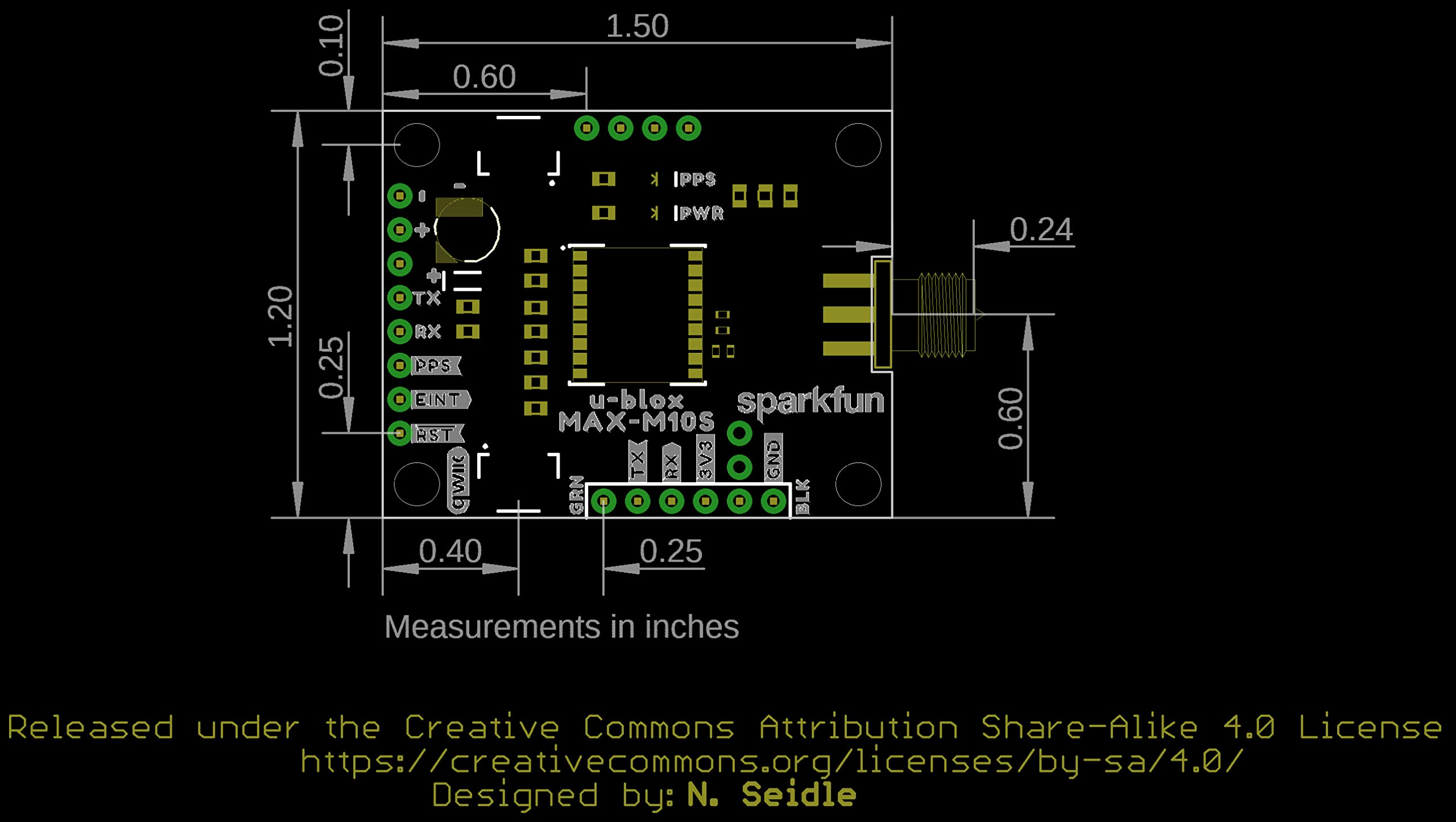 SparkFun GNSS Receiver Breakout - MAX-M10S Module 3.3V VCC and I/O Software Configurable Board Dimensions: 1.74"in x 1.20"in