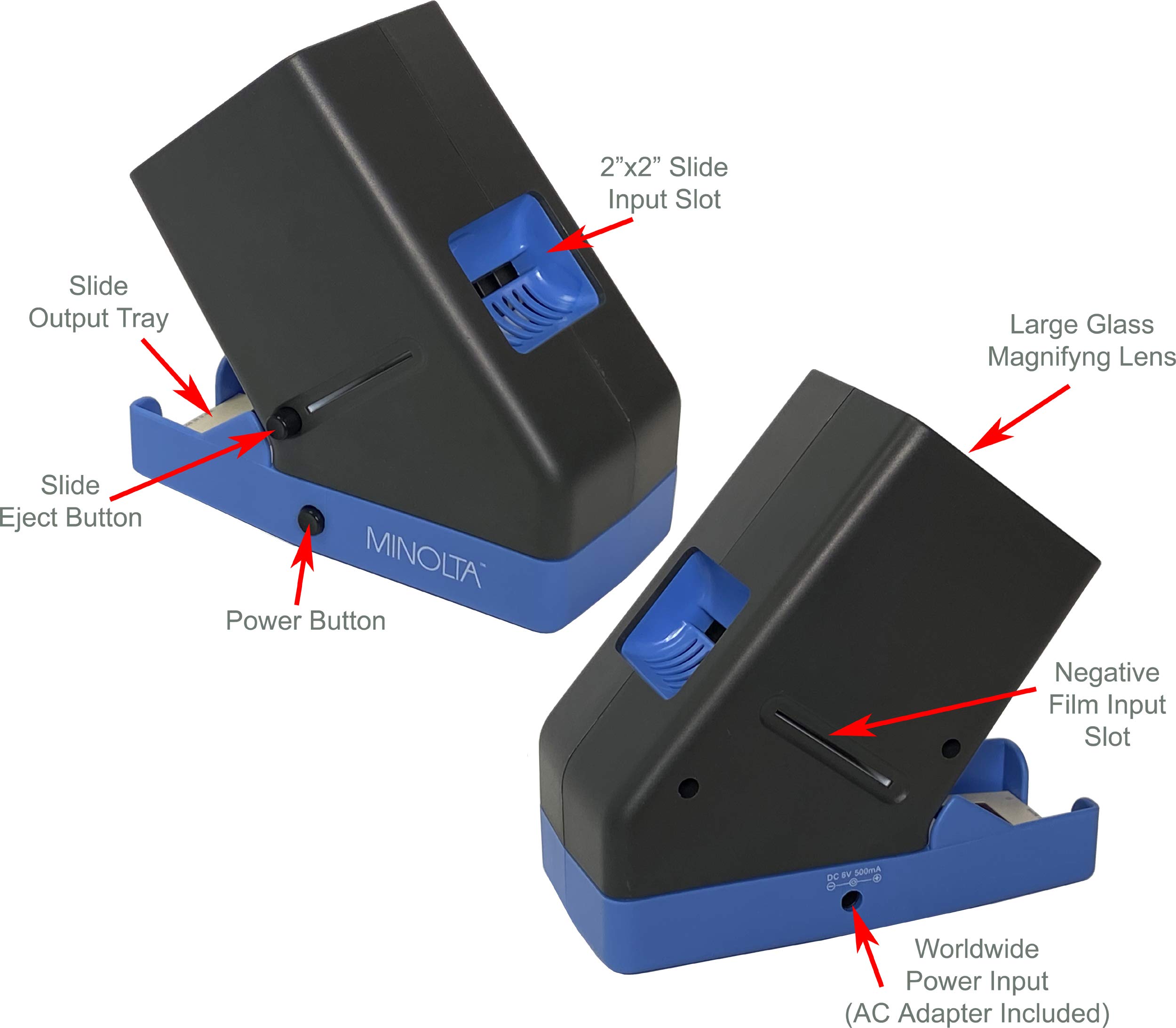 MINOLTA 35mm Desk Top Portable LED Slide and Negative Viewer Luminated 3X Magnify β for 2"x2" Slides & Positive Negatives - Worldwide AC Adapter & Plugs, Battery Operation & Cloth