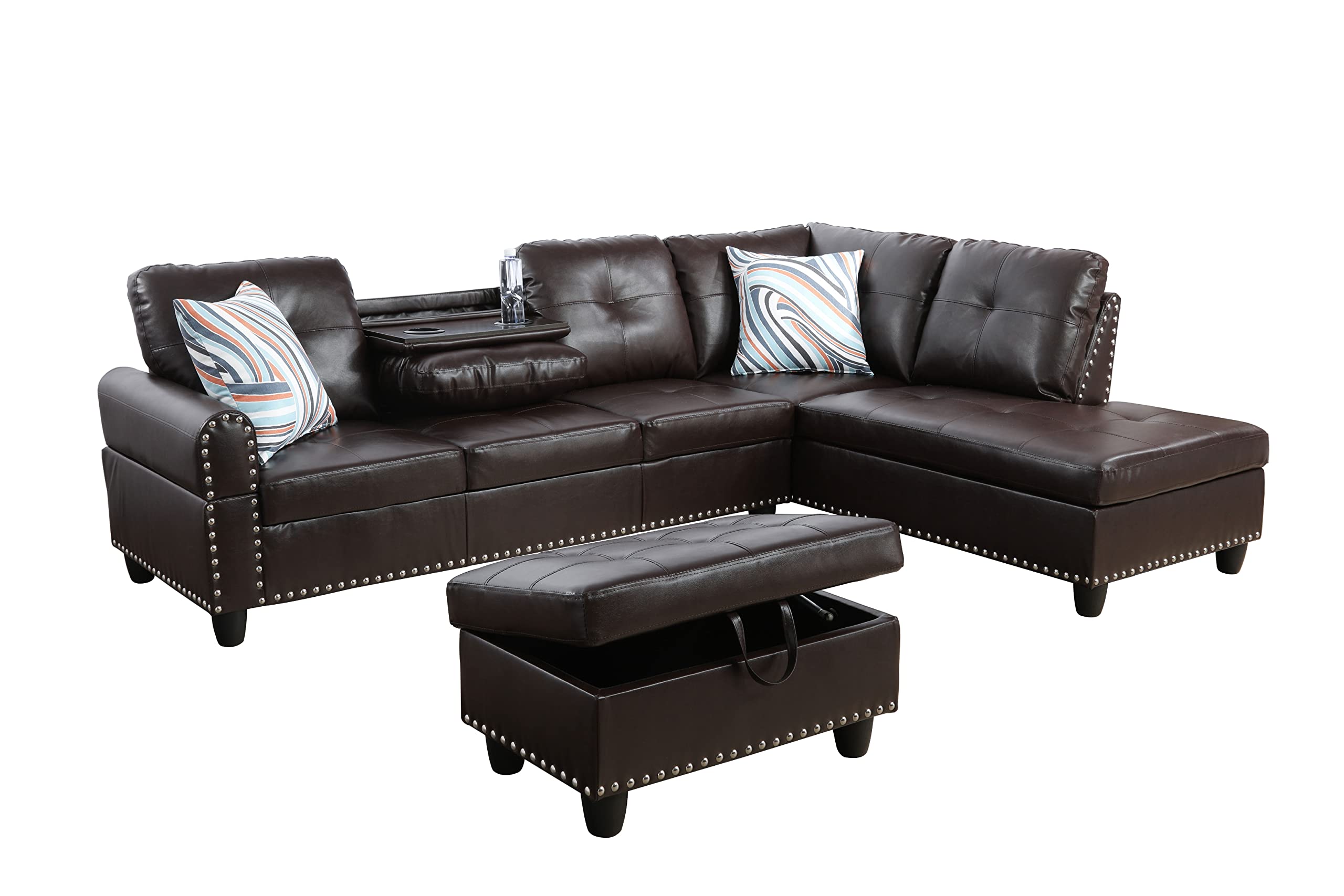 VURAX 3-Piece Faux Leather Sectional Sofas with Left Chaise Longue and Storage Ottoman, Button Tufted Upholstered Couch Set, for Living Room, Home, Office, 97inch, Dark Brown 1