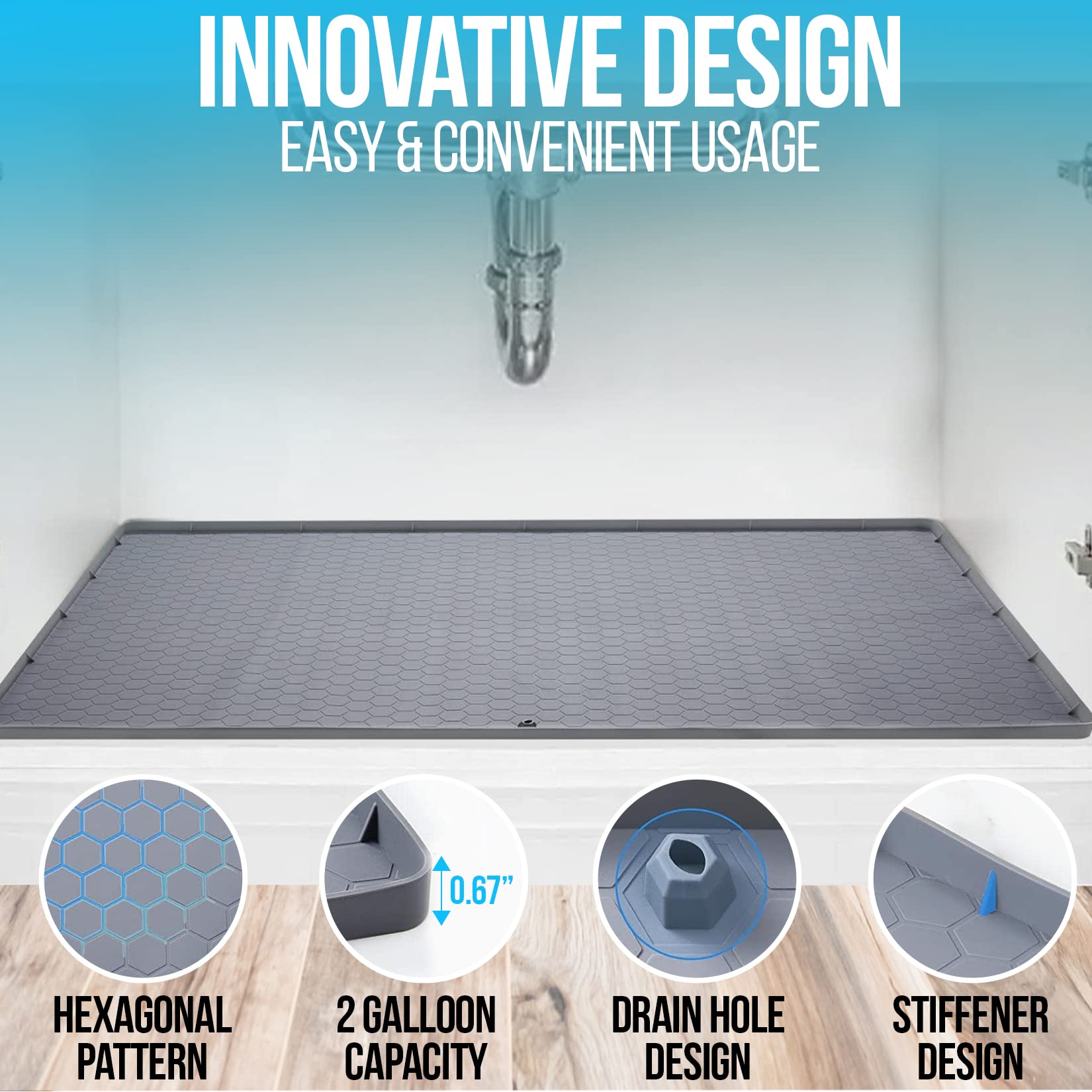 MARAL'S SHOP Waterproof Under Sink Mat - Cut to Fit Sink Mat for Kitchen & Bathroom Cabinet - Tray Liner with Drain Outlet for Liquids, Water - Durable, Flexible & Washable Silicone Material - 34x22"