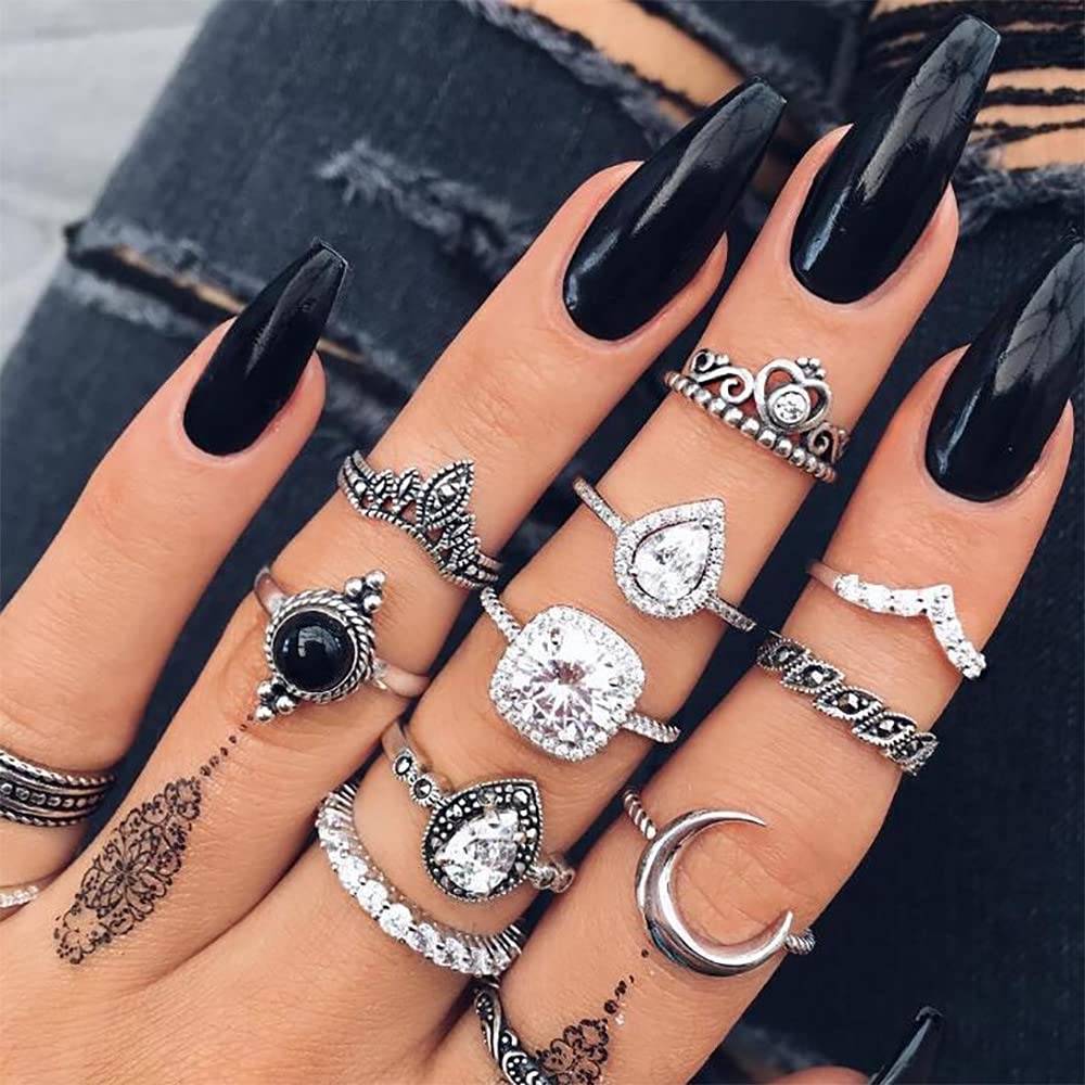 NIQIPOK 56 Pcs Vintage Silver Knuckle Rings Set for Women, Bohemian Stackable Joint Finger Rings, Retro Crystal eyes moon Stacking Midi Combination Ring Set