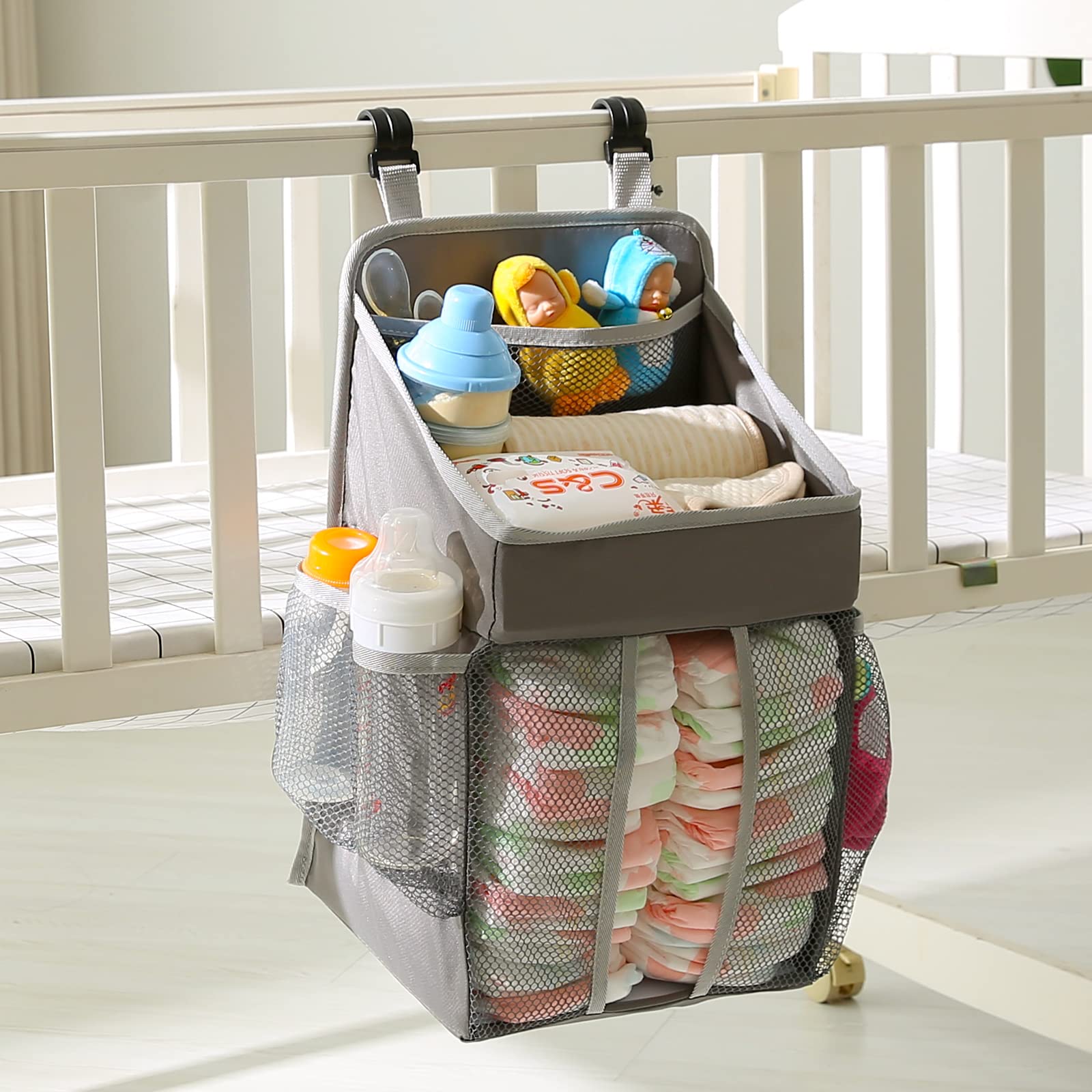 TRENDPLAY Hanging Diaper Caddy, Portable Diaper Organizer Stacker, Nursery Storage for Diapers Wipes Baby Essentials Storage, for Changing Table, Crib, Baby Stroller - Baby Shower Gifts