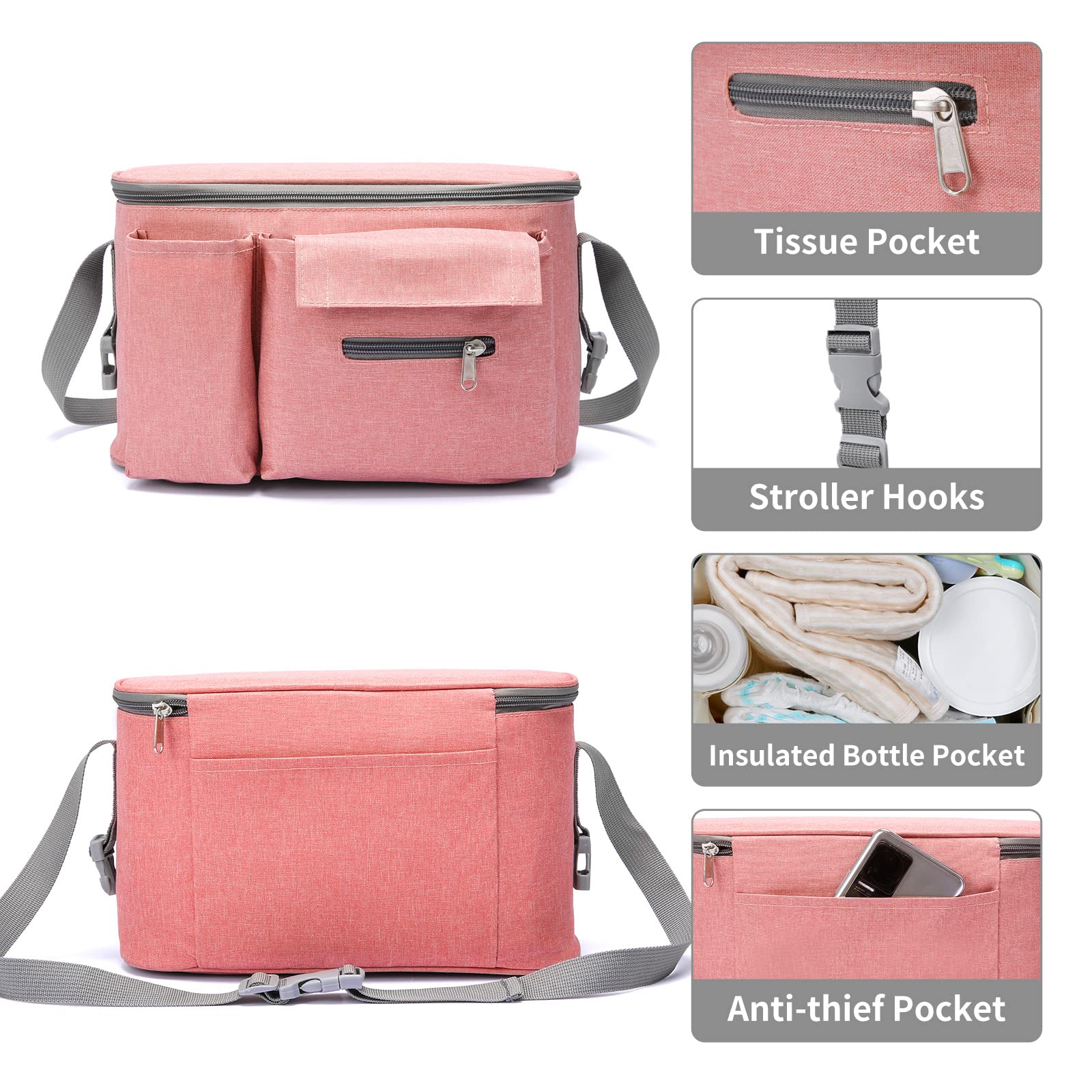 TRENDPLAY Small Diaper Bag, Mini Stroller Organizer Caddy with Wipe Pockets, Caddy with Adjustable Stroller Straps Fit All Strollers, Pink