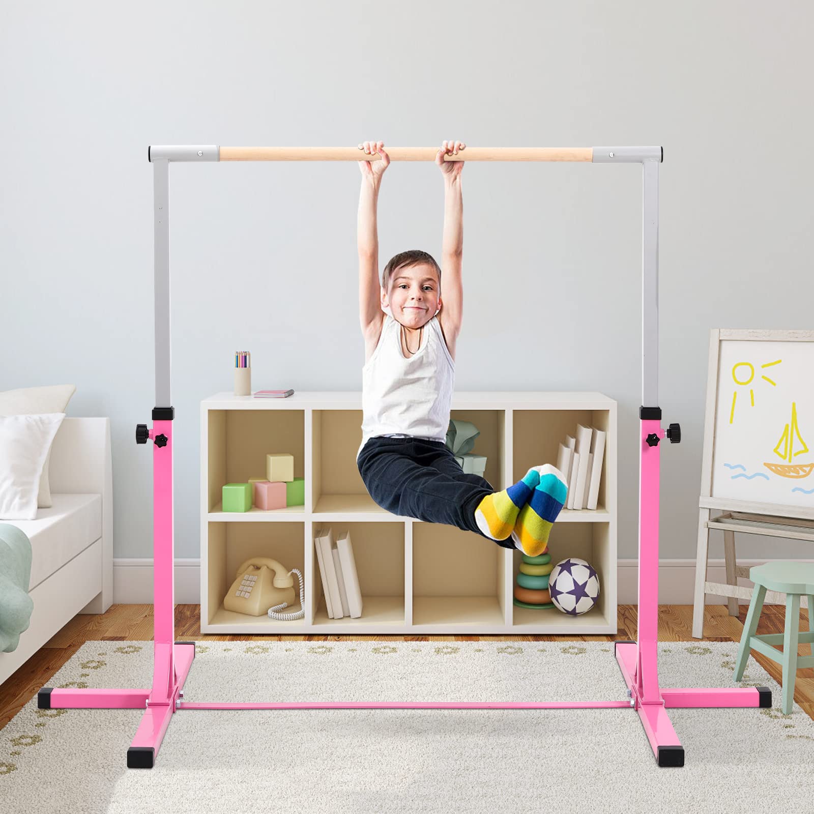 PanAme Expandable Gymnastics Kip Bars, 3' to 5' Adjustable Height Horizontal Bars, Home Gym Equipment for Junior Training Monkey Bars for Kids Indoor (Pink)