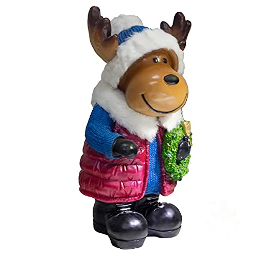 Mark Feldstein & Associates Merry Moose Holding Lantern Natural Brown 17 inch Resin Stone Christmas Door Greeter Figurine
