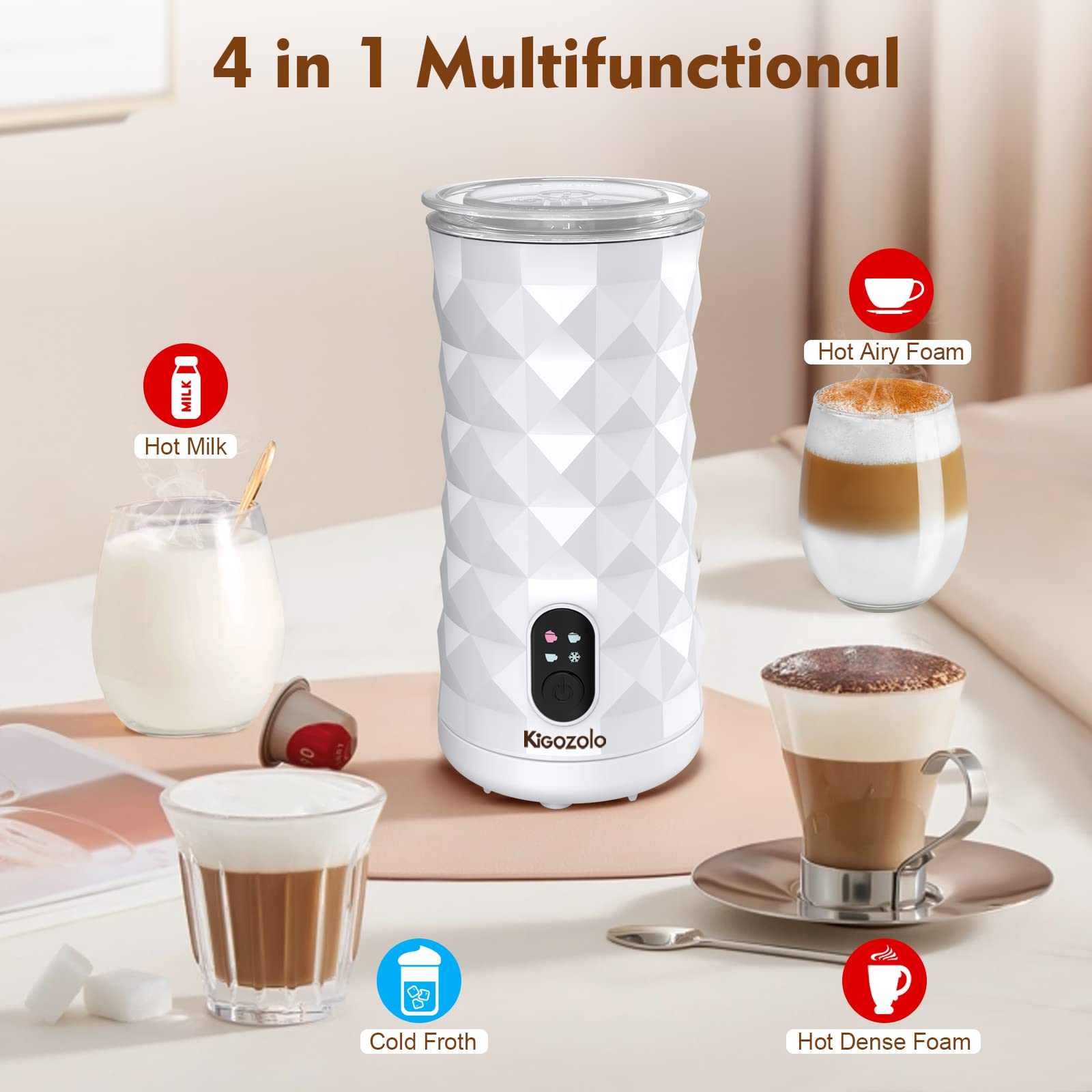 Milk Frother Electric Coffee Steamer Frother with 4 in 1 Quiet Operation,Effortless Foam,Unique Diamond Design,Temperature Control, and Auto Shut-Off Perfect for Coffee Lovers(white)