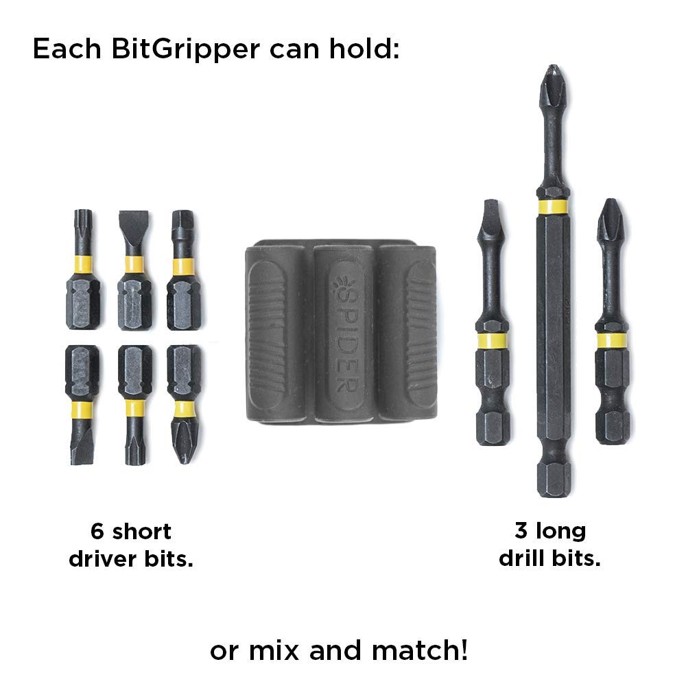 Spider Tool Holster - BitGripper v2 - Pack of Two - High Strength 3M Adhesive Drill add-on for Easy Access to six Driver bits on The Side of Your Power Drill or Driver! - Includes One Alcohol Swab