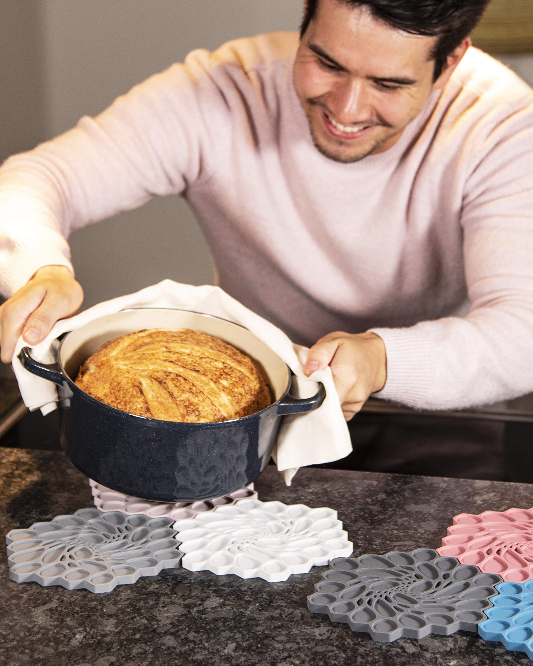 modern-twist 7 x 7" Hive Silicone Trivet, Heat Resistant Up To 675°F, Non Slip, Protects Table From Heat, Cloud, Pack of 1
