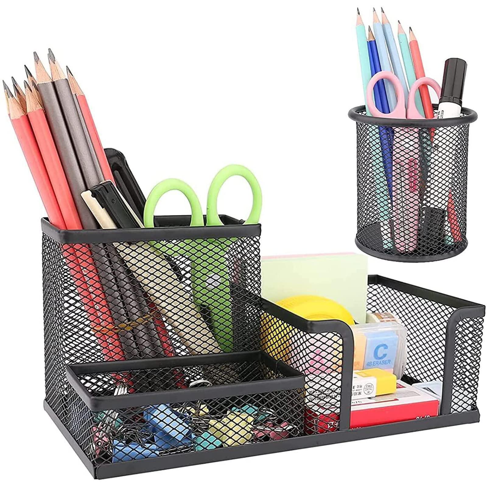 KeFanta Pen Holder Pencil Holders for Desk Pencil Cup,4 Compartments Pen and Pencil Holders,2 Piece Mesh Stationery Organizer for Office Desk,Black Office Supplies Accessory for Desktop