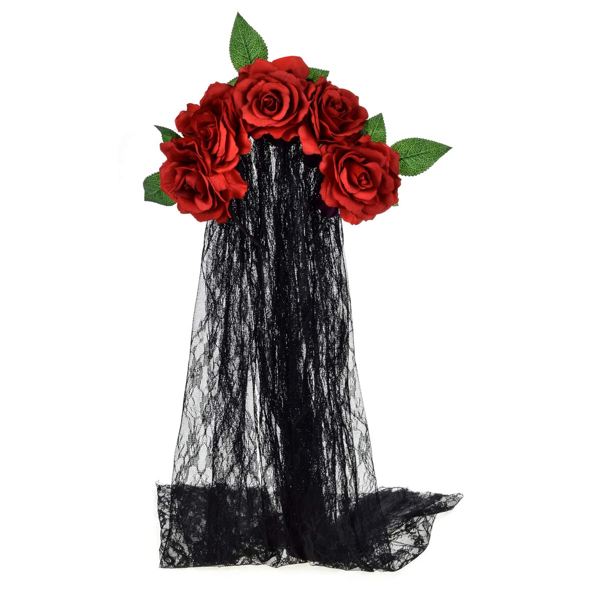 June Bloomy Day of the Dead Headpiece Rose Floral Crown Veil Halloween Costume Mexican Headband (Burgundy)