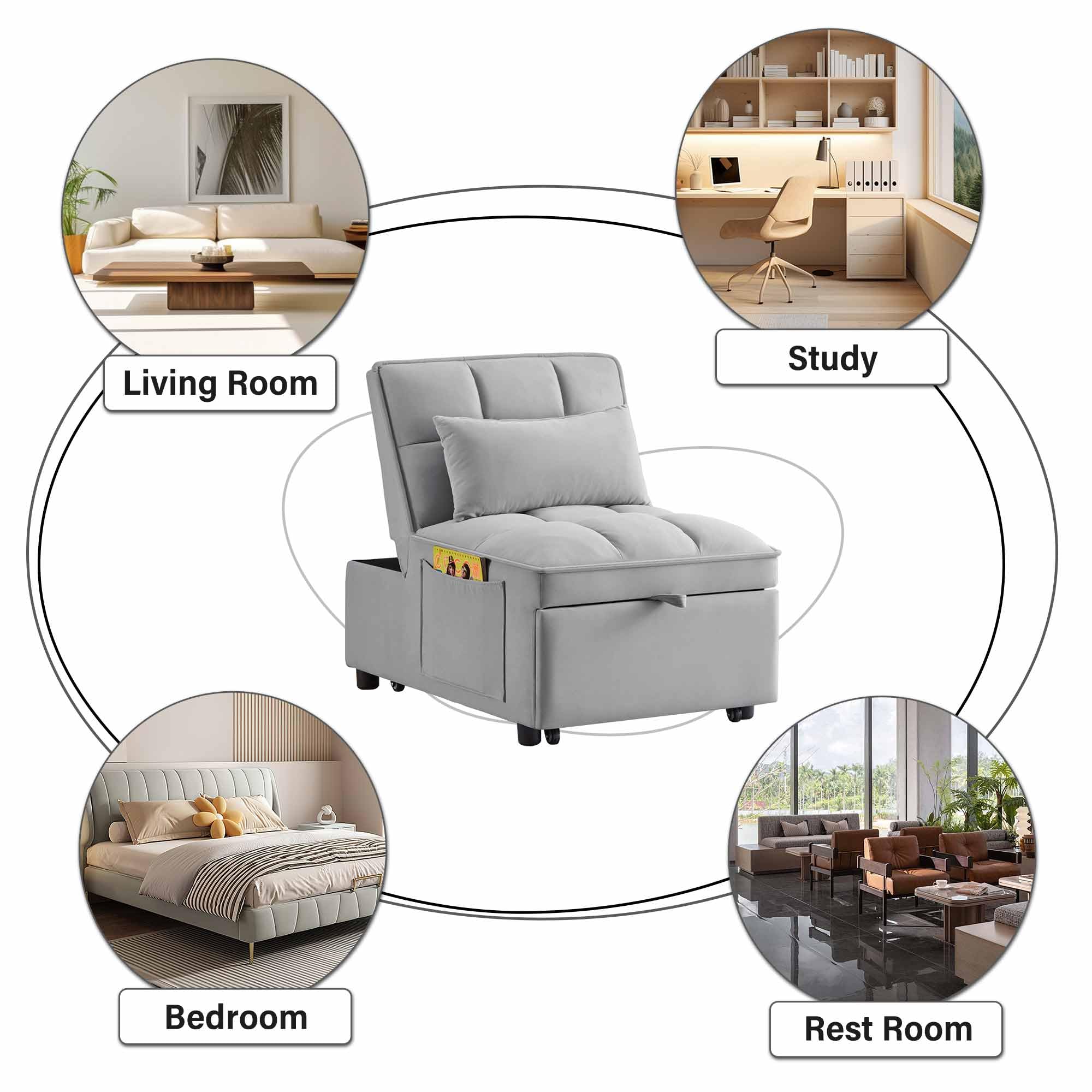 SPOWAY 3 in 1 Sleeper Sofa Couch Bed, Velvet Convertible Single Sleeper Sofa with 3 Level Adjustable Backrest, Storage Pockets, Toss Pillows, Pull Out Single Sleeper for Living Room, Gray