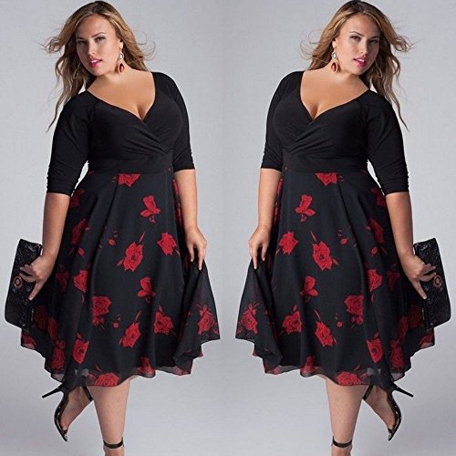 Pinkpaopao Plus Size Women Swing Dress V-Neck Loose Half Sleeve Floral Mesh Splicing Dress