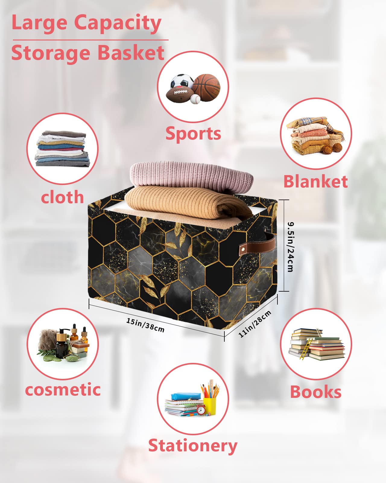 Marble Cube Storage Organizer Bins with Handles,15x11x9.5 Inch Collapsible Canvas Cloth Fabric Storage Basket,Black Gold Grey Grid Irregular Comb Plaid Geometric Books Kids' Toys Bin Boxes for Shelves