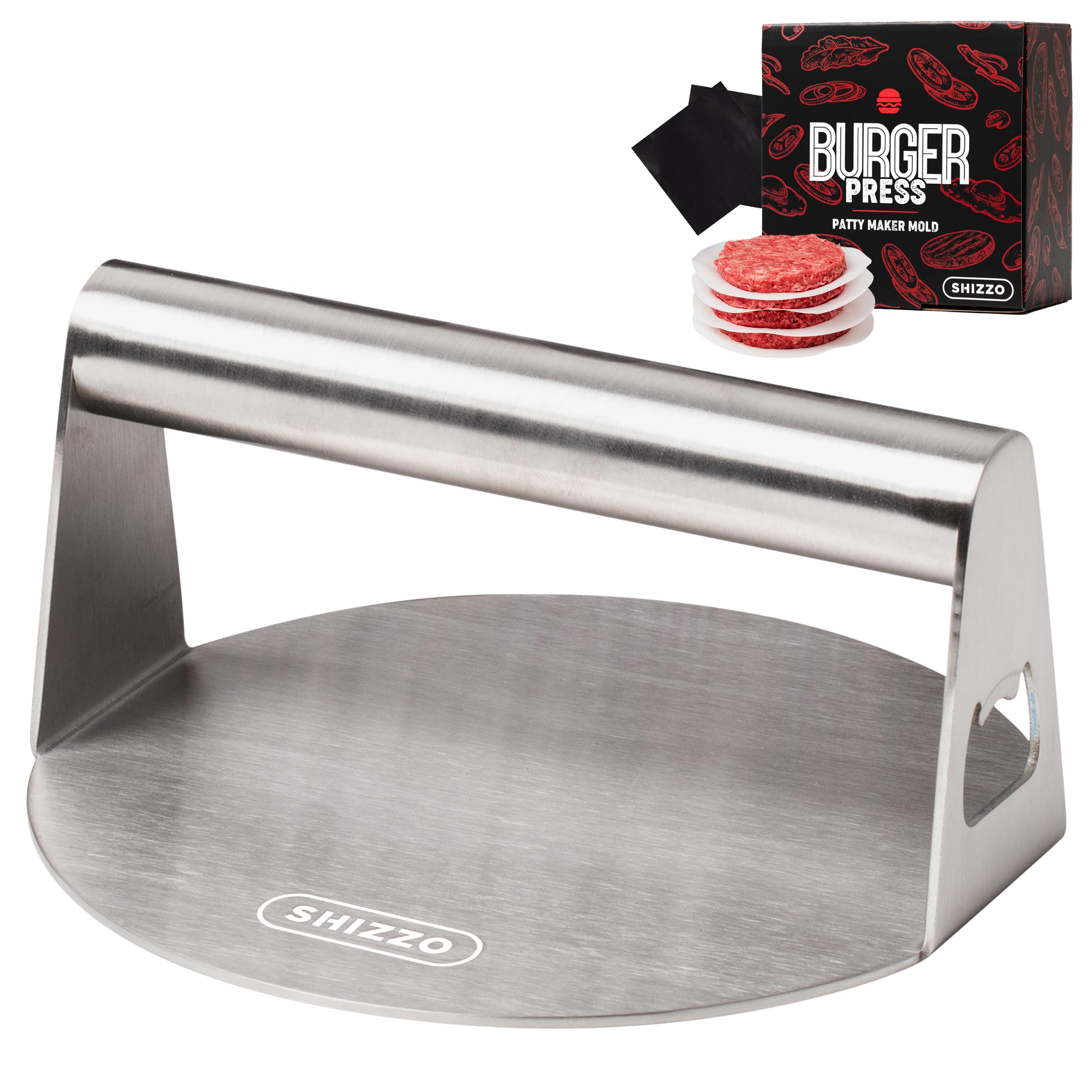 SHIZZO Smash Burger Press Kit, 6.2'' with Bottle Opener, Stainless Steel Bacon Smasher, Griddle Accessories, Perfect for Smash Burgers, Griddle Cooking Tool, for Patty, Bacon, Hamburger, Smashburger