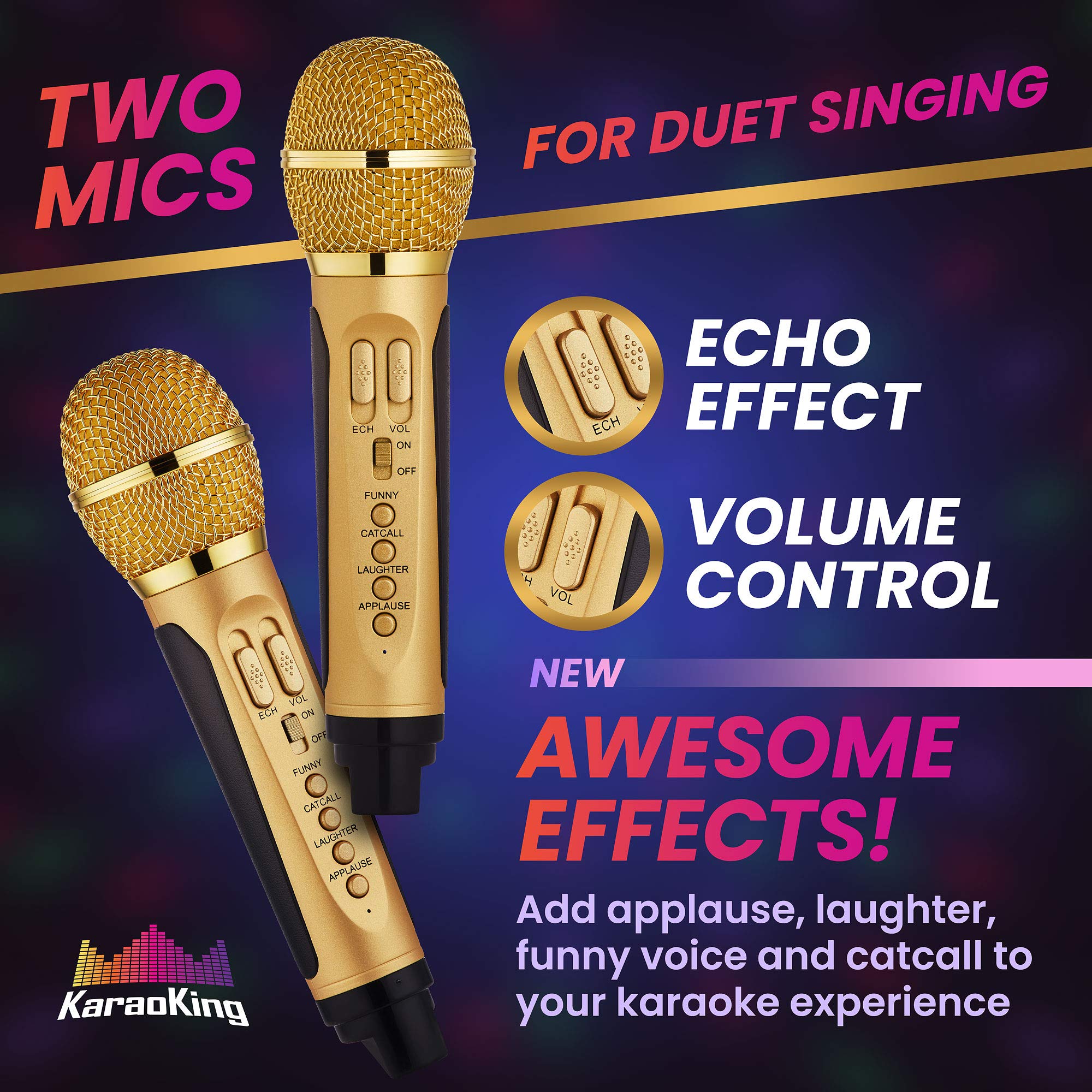 KaraoKing New 2020 Karaoke Machine – for Adults and Kids – 2 Wireless Karaoke Microphone, SD Card, USB, Bluetooth Compatible, LED Lights – Home, Bachelor Party, Picnic, Outdoor/Indoor [G301 Gold]
