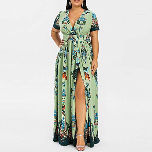 Pinkpaopao Women's Boho Butterfly Printed Long Dress Loose Plus Size Wrap V-Neck Dress Short Sleeve Split Beach Dress