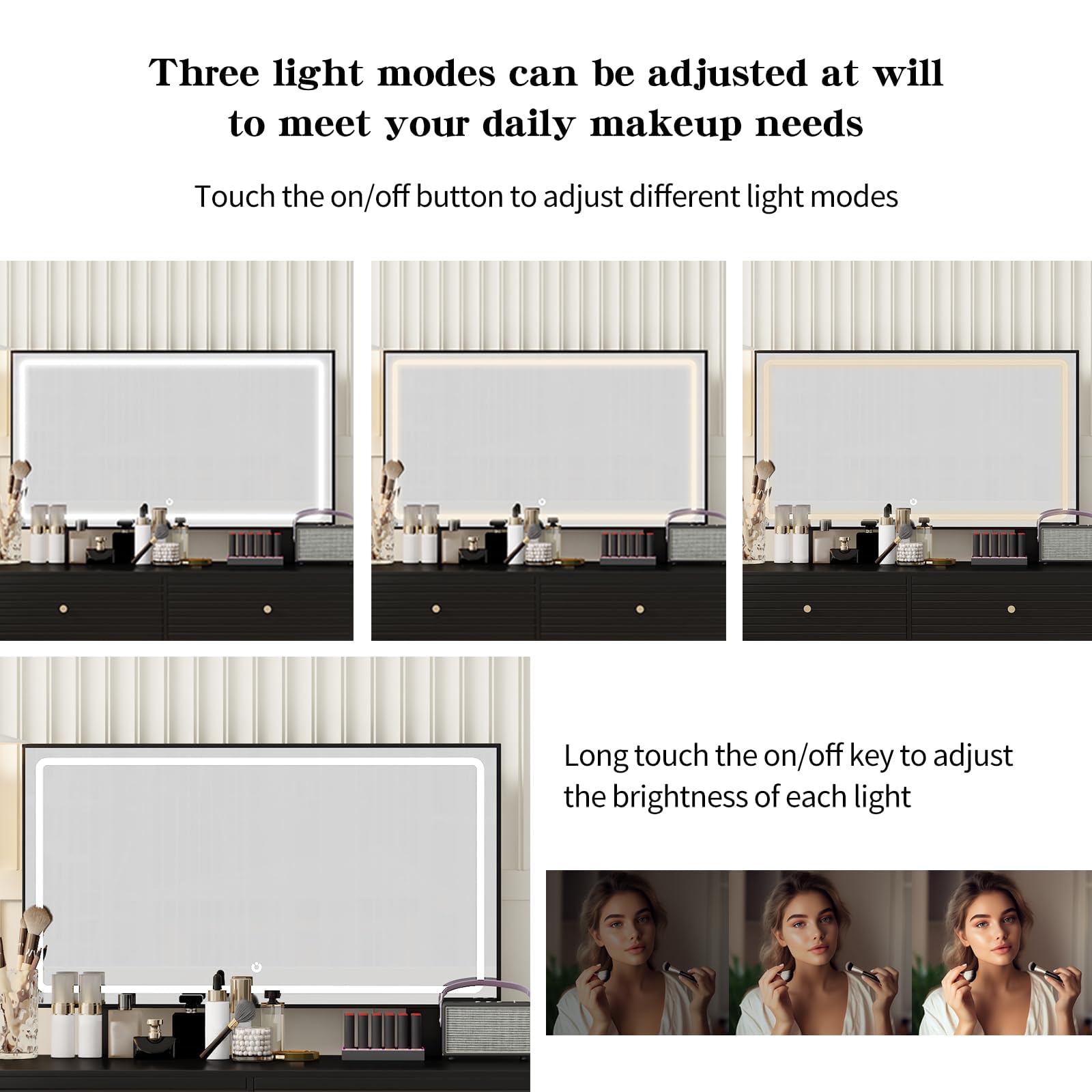 KEHUIBGAJ Makeup Vanity Desk with Drawers,Vanity Table ，Makeup Vanity， with 3-Color Touch Screen Lighted Mirror,Modern Makeup Dressing Table Bedroom Vanity Sets Storage Dresser
