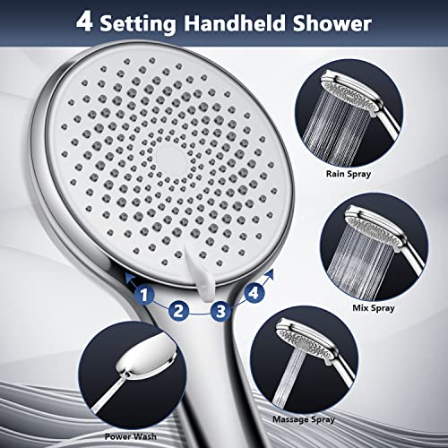 Shower Head High Pressure, 10" Rain Shower Head with Handheld Combo, with Upgraded 12" Adjustable Curved Shower Extension Arm, 4 Settings Handheld Shower Built-in Power Wash, Height/Angle Adjustable