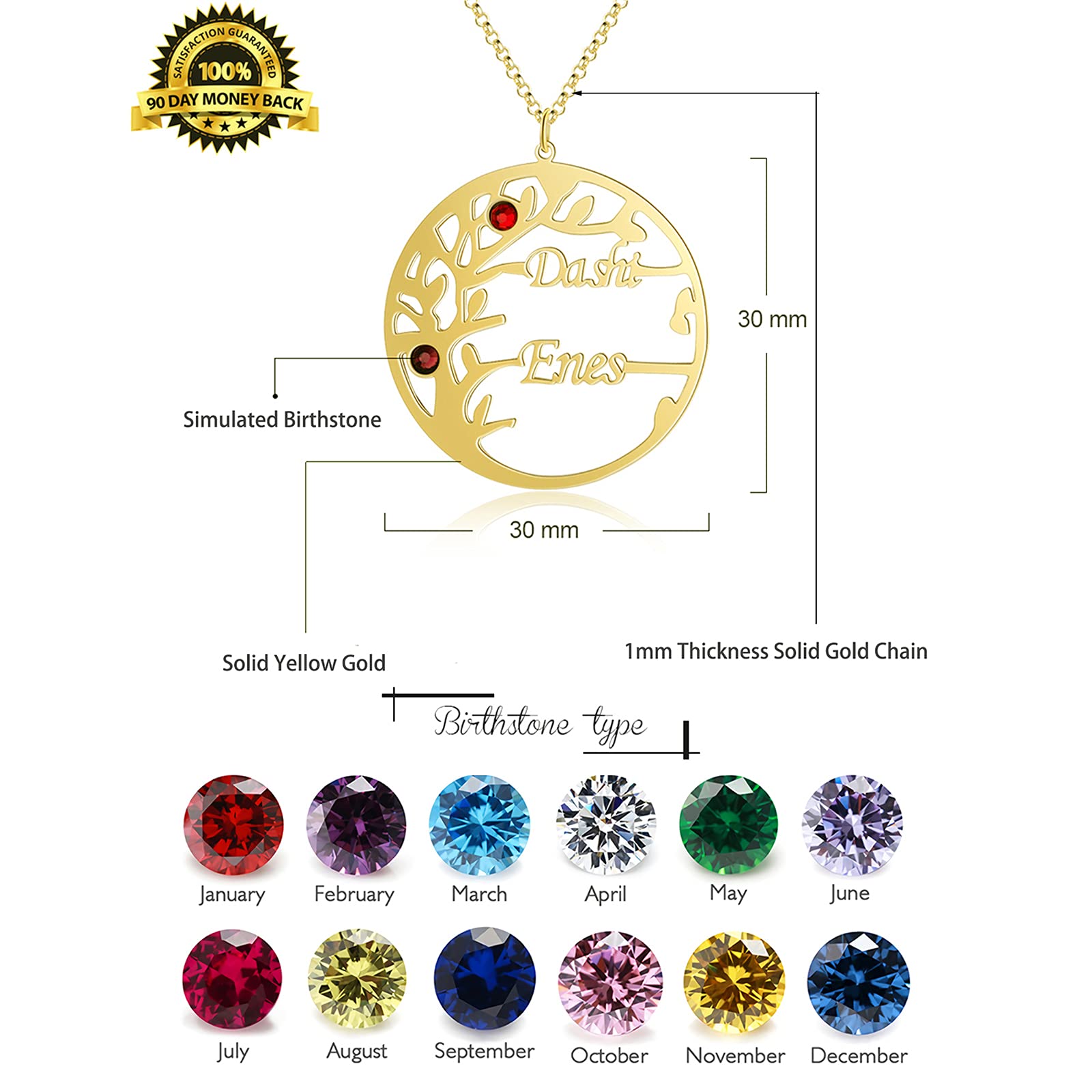 MRENITE 10k 14k 18k Solid Yellow Gold Personalized Name Family Tree Necklace with Birthstone –Dainty Nameplate Tree of Life Birthstone Pendant- Custom Any Name Gift for Womens Adults Mens (2 names)