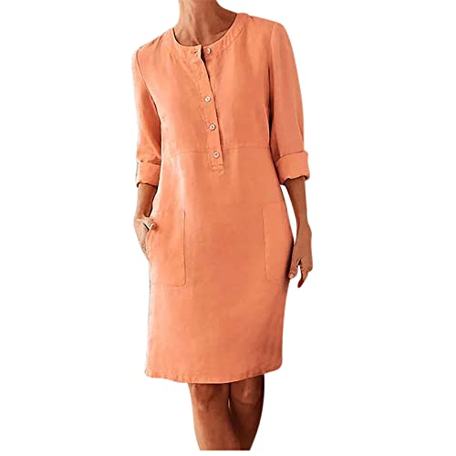 Women's Cotton Linen Dress Summer Midi Dresses with Pockets Business Dress 3/4 Sleeve Button Up Shirt Dress