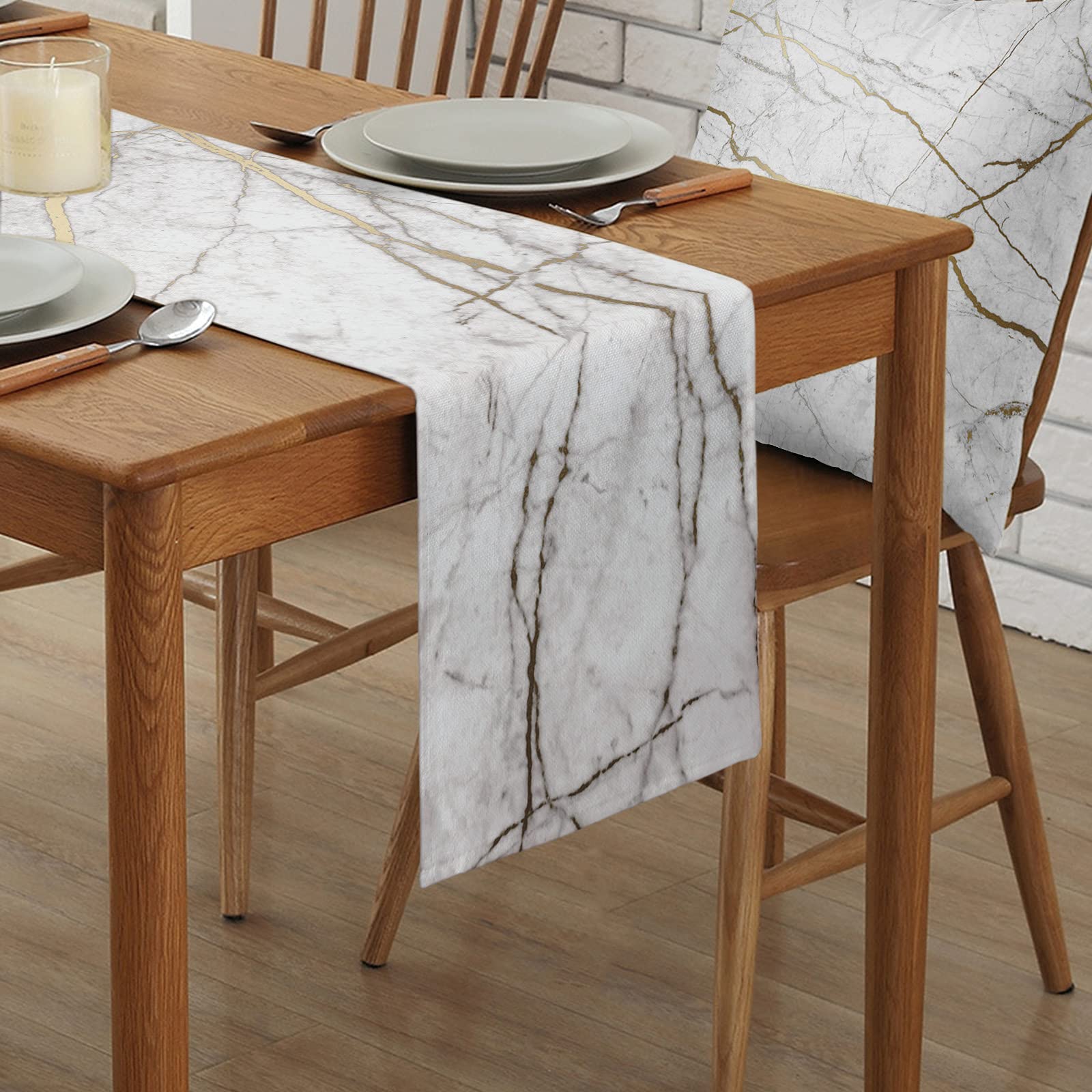 Marble Table Runner-Cotton linen-Long 120 inche White Gray Gold Dresser Scarves,Texture Tablerunner for Kitchen Coffee/Dining/Sofa/End Table Bedroom Home Living Room,Scarfs Decor for Holiday Dinner