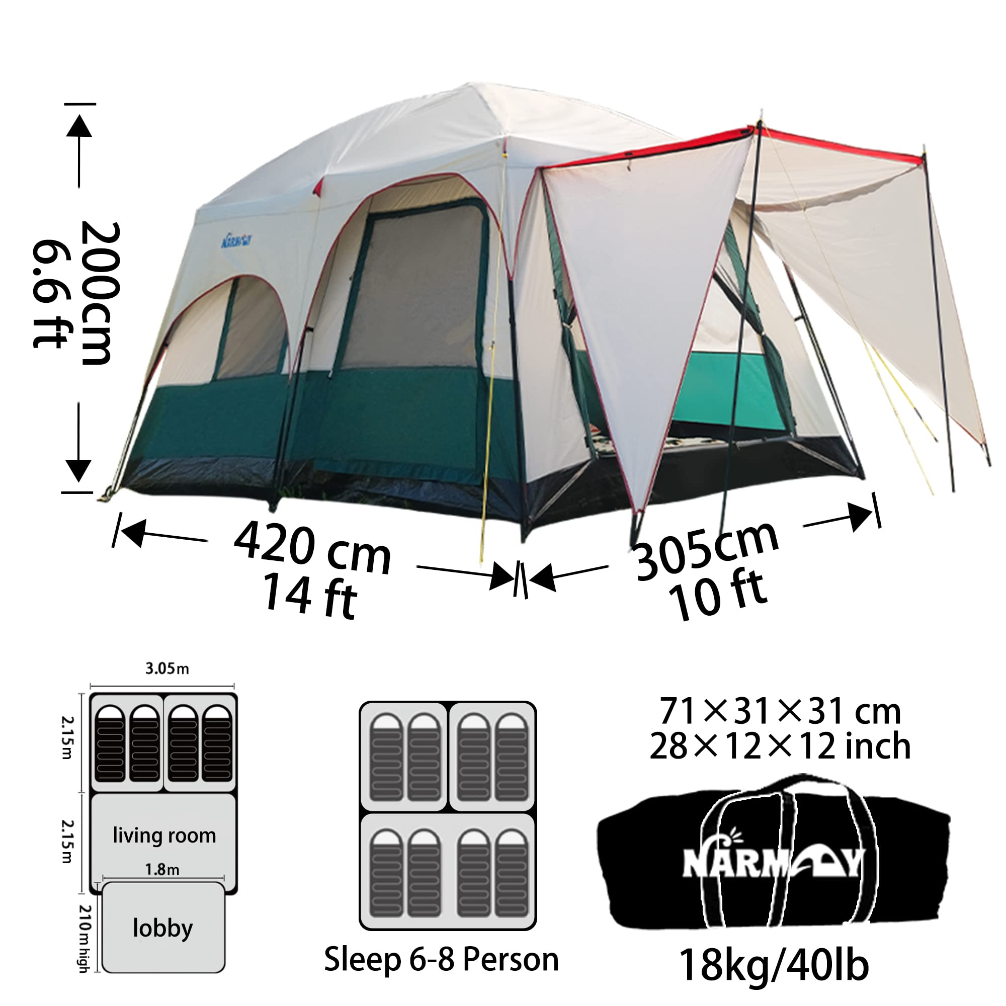 NARMAY® Camping Tent 6-8 Person Family Cabin Tent - 14' x 10' (Green)