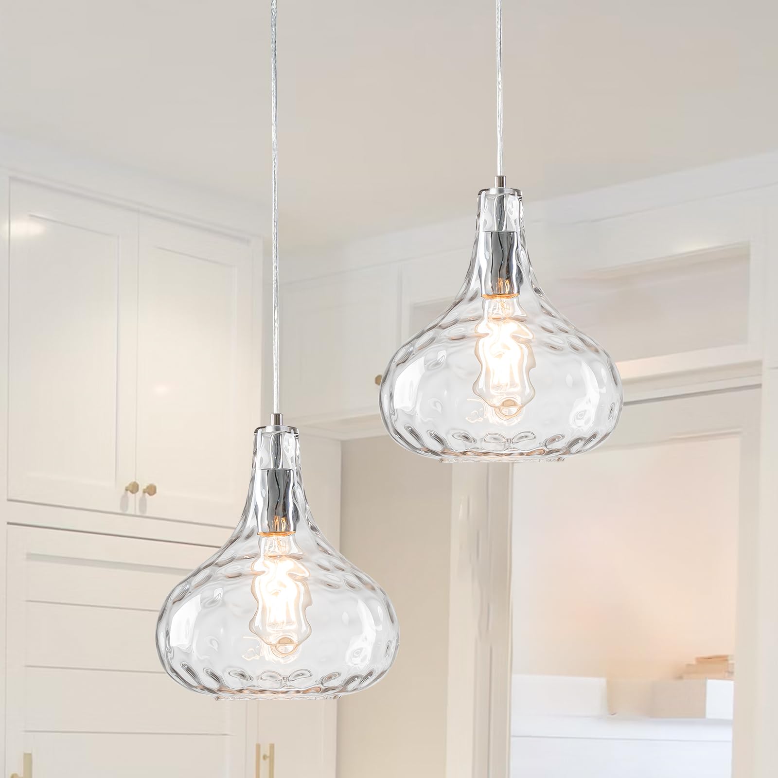kelary Glass Pendant Light Hammered Clear Pendant Lighting Adjustable Glass Light Ceiling Fixture for Hallway, Kitchen Sink, Dinning Room, Living Room 2packs
