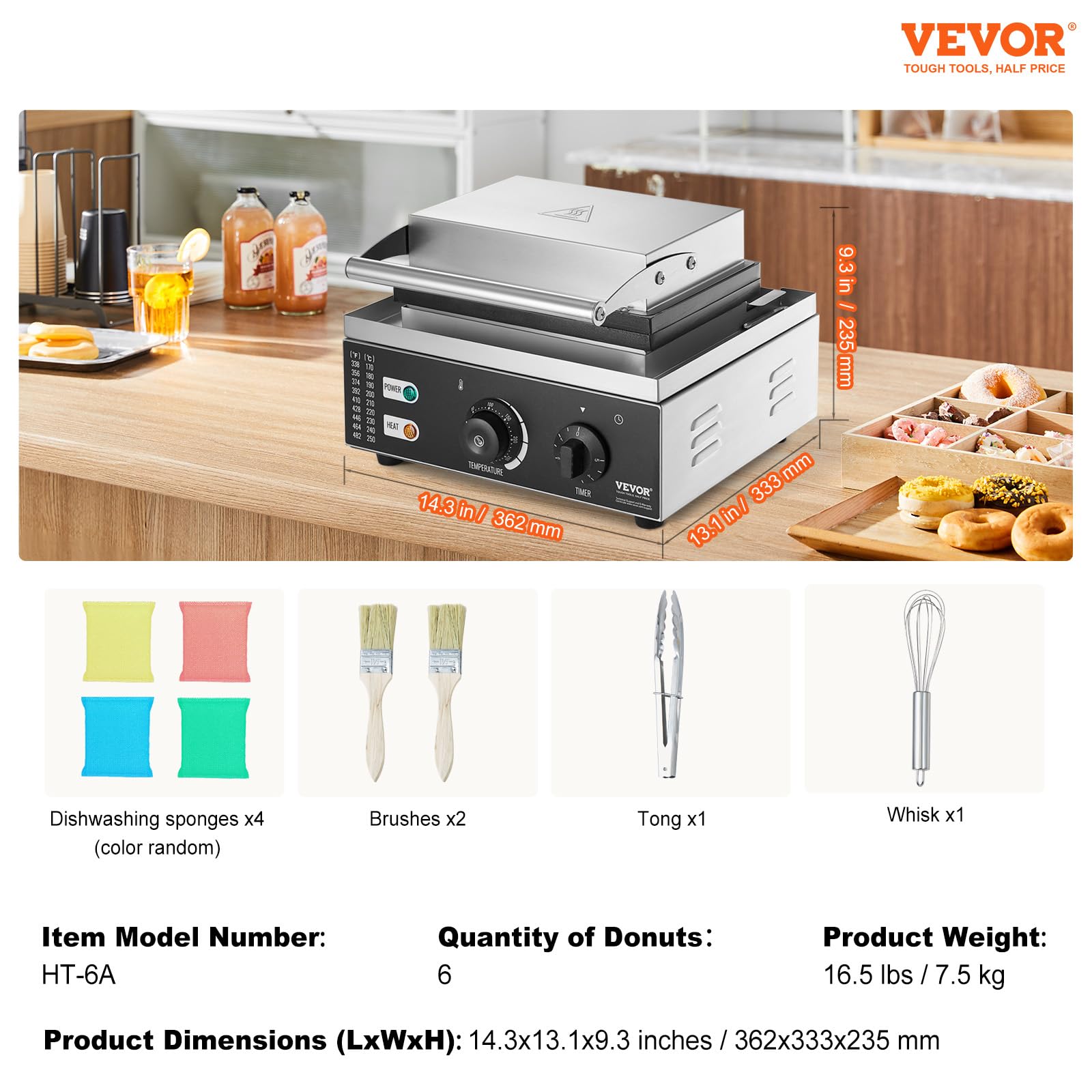 VEVOR Electric Donut Maker, 1550W Commercial Doughnut Machine with Non-stick Surface, 6 Holes Double-Sided Heating Waffle Machine Makes 6 Doughnuts, Temperature 122-572β, for Restaurant and Home Use