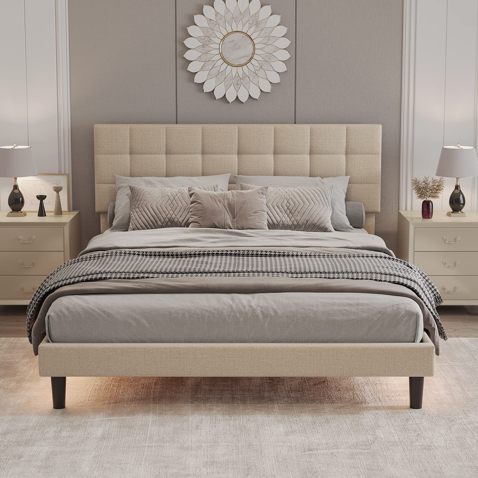 Kelfluxion Queen Size Upholstered Platform Bed Linen Bed Frame with Lights Square Stitched Adjustable Headboard Strong Bed Slats System No Box Spring Needed (Beige)