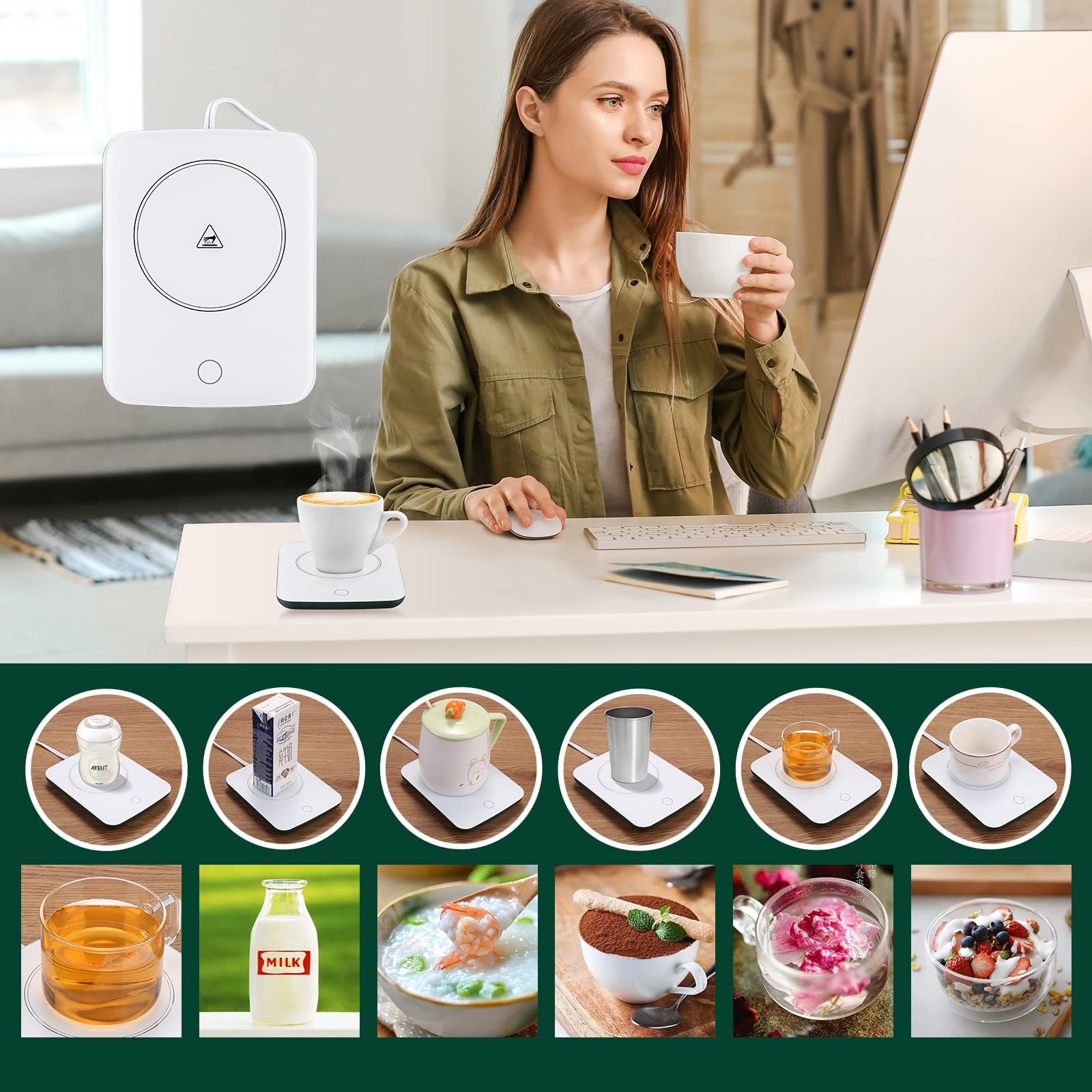 Misby Mug Warmer, Coffee Cup Warmer with Auto Shut Off Coffee Warmer for Desk Use, Electric Coffee Mug Warmer Keep Coffee, Beverage, Milk, Tea (White +Green)