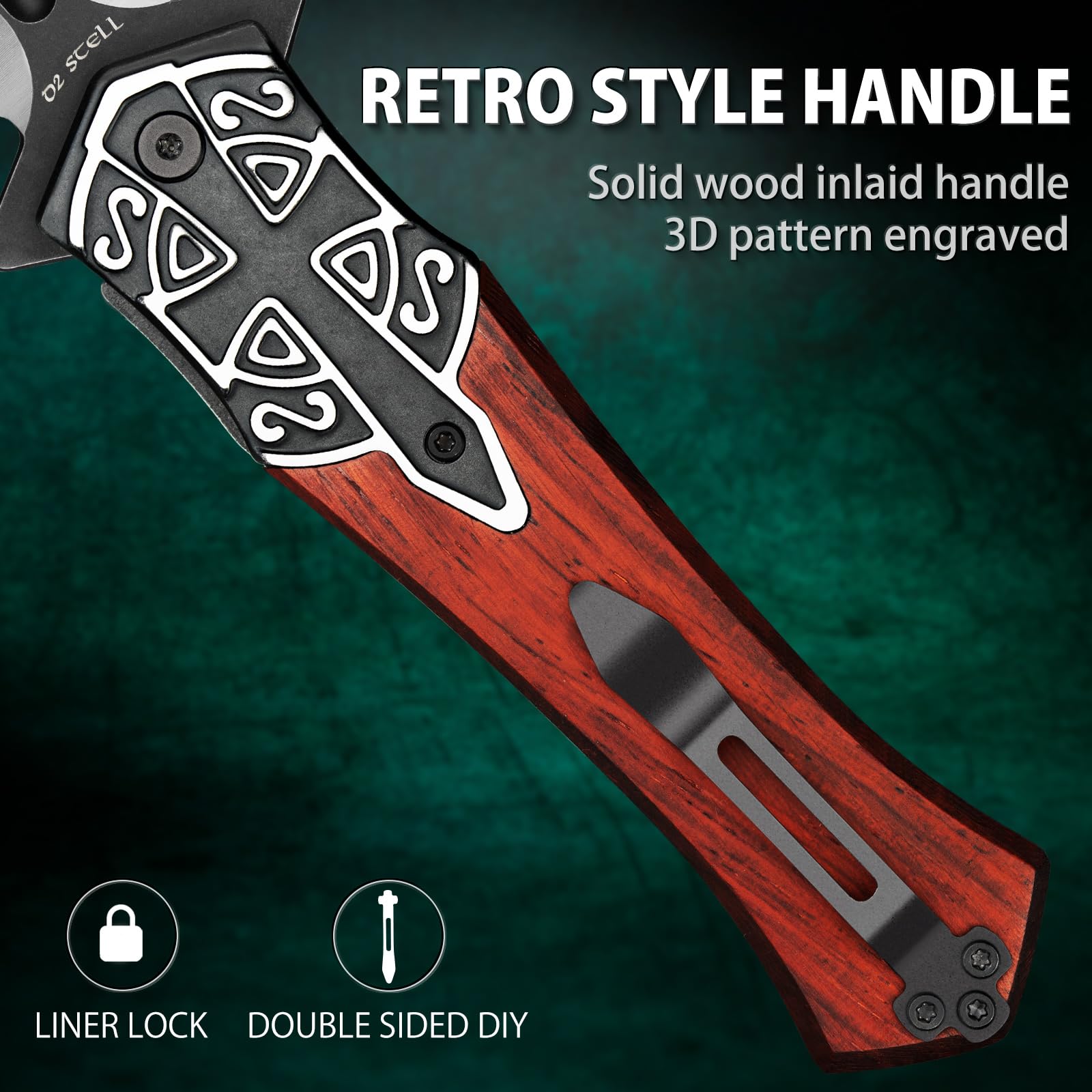VALHALLA PASTOR 2 Pocket Knife, 3.7'' D2 Steel Cool knives, 3D Retro Embossed Folding Knife with Wooden Inlay, Pocket Knife For Men, Liner Lock, Gift for men women