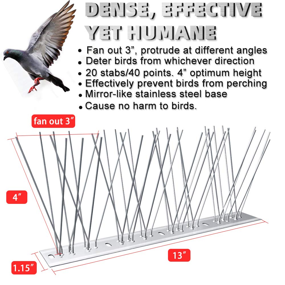 LANNEY Bird Spikes, 10 Strips Stainless Steel Bird Deterrent Pigeon Spikes for Outside to Keep Birds Away, Anti Bird Repellent Spikes Control Kit Cover 10.8 Feet, Unassembled