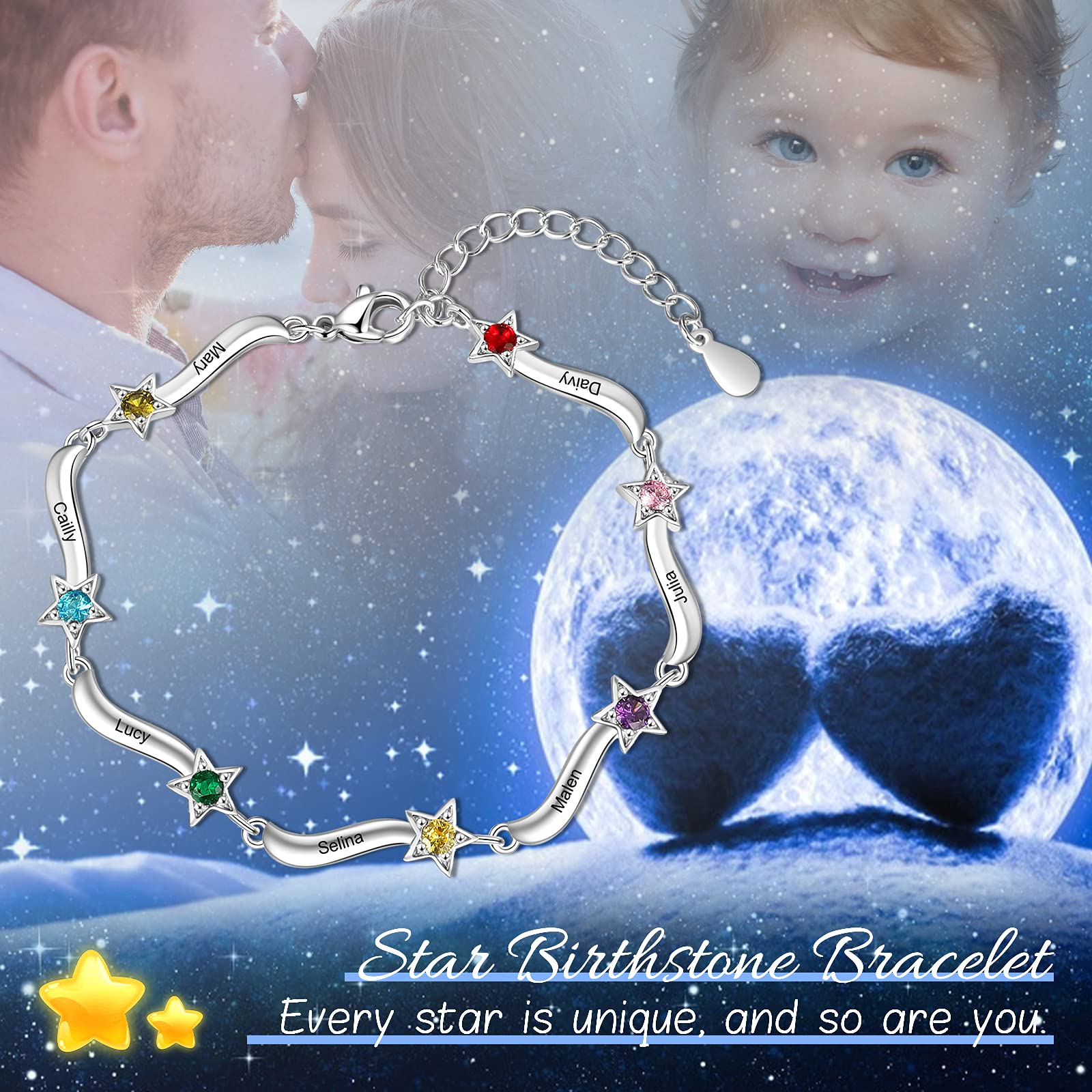 OPALSTOCK Personalized Mothers Bracelets Infinity Charm Name Bracelets Star Link Bangle with Simulated Birthstones Mother Daughter Jewelry Gift (7stone)