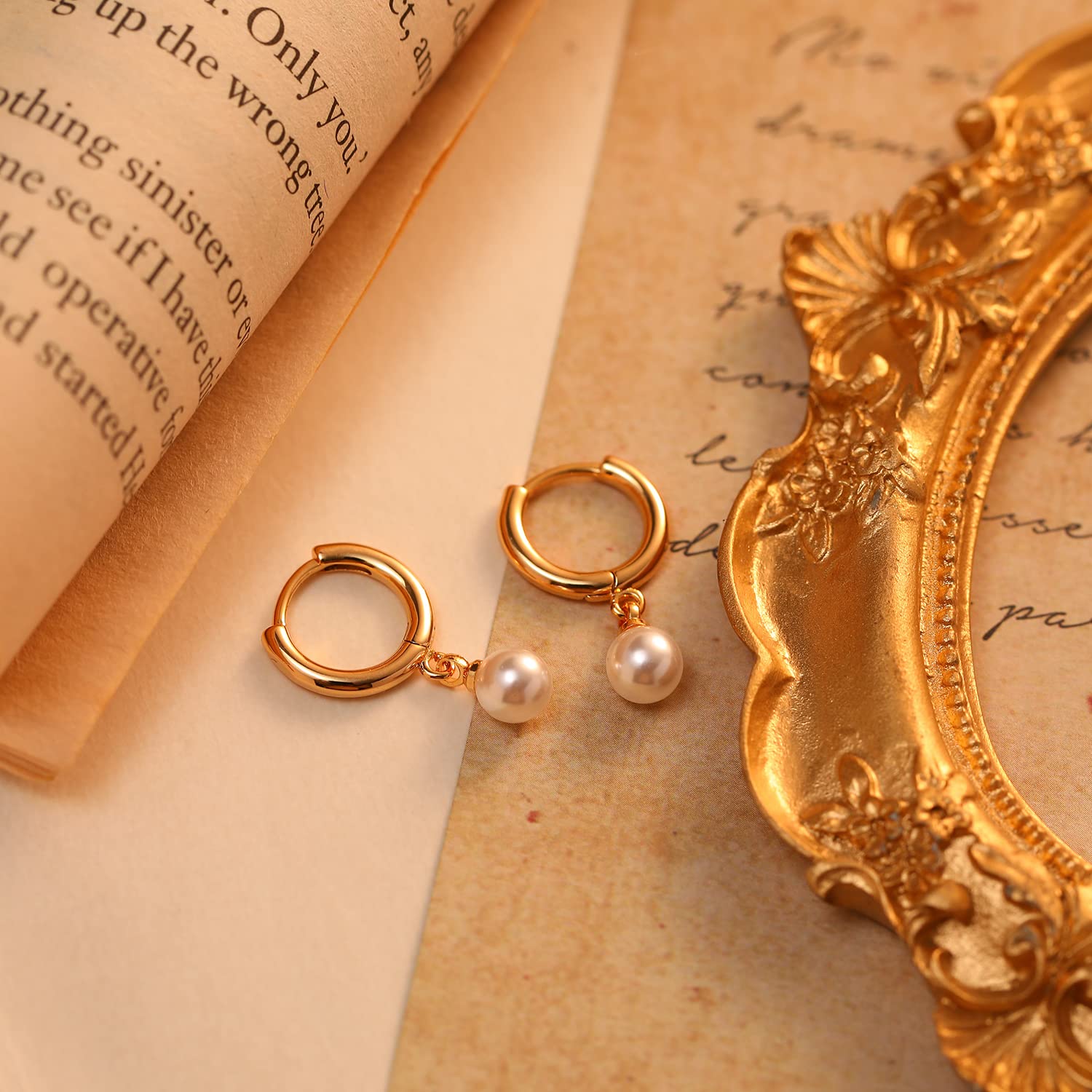 MRSXIA Huggie Earrings for Women Gold Hoop Pearl Bead Ball Dangle Drop 18K Gold Filled Small Simple Delicate Hypoallergenic Ear Jewelry