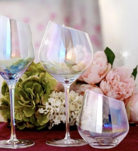 Luxrify Enhance Your Wine Experience Iridescent Wine Glasses - Premium Quality, Unique Design at Rim, Long Stemware, Hand-Blown & Perfect for Wine Lovers, Colored Stemware (Set Of 6)